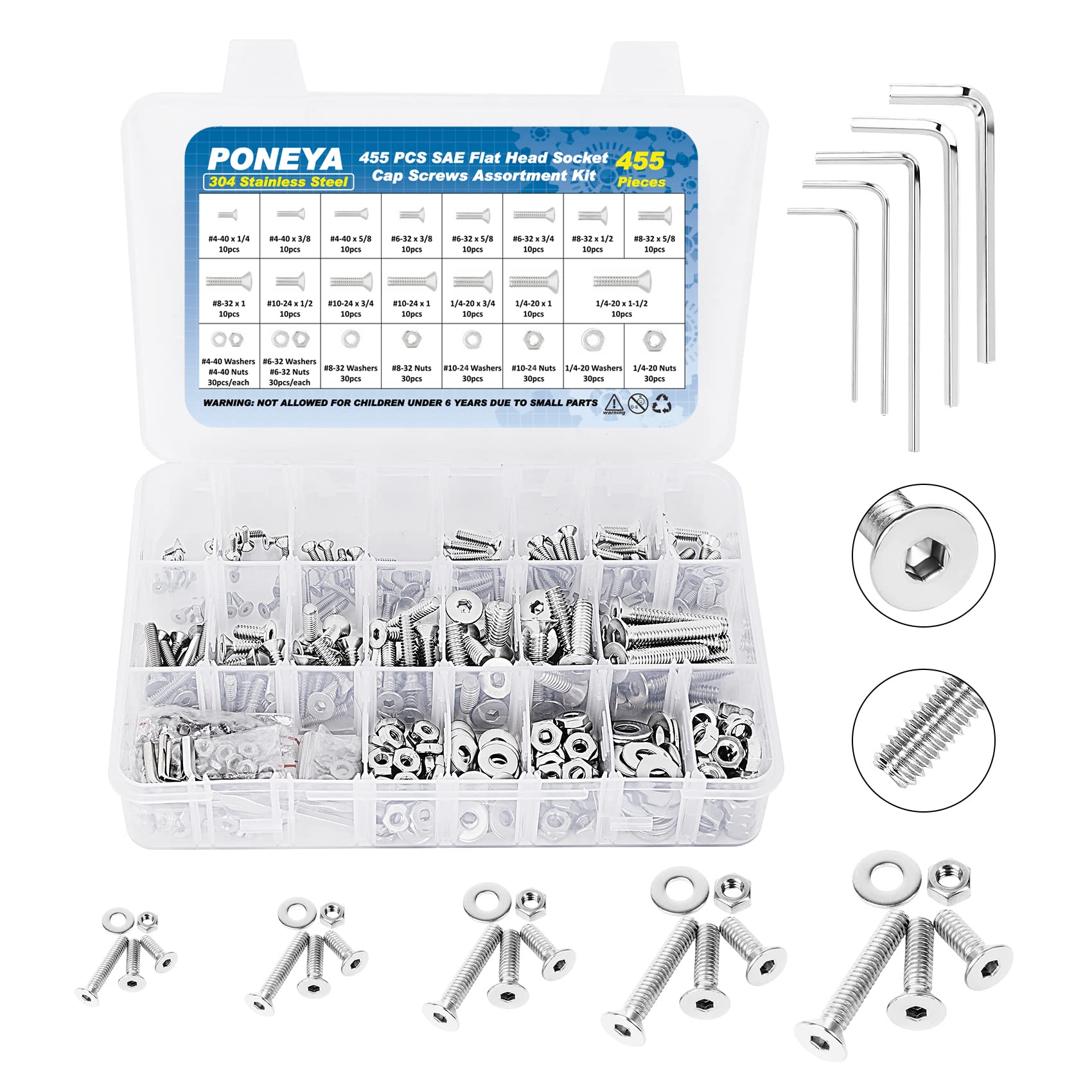 455 PCS Screws and Bolts Assortment Kit, 304 Stainless Steel SAE #4-40 ...