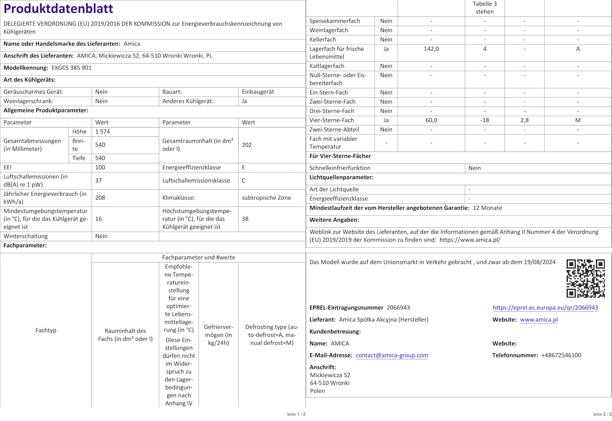 Amica EKGCS 385 901 Einbau-Kühl-/Gefrierkombination / 1580 mm Nische/Schlepptür-Technik/Inverter ...