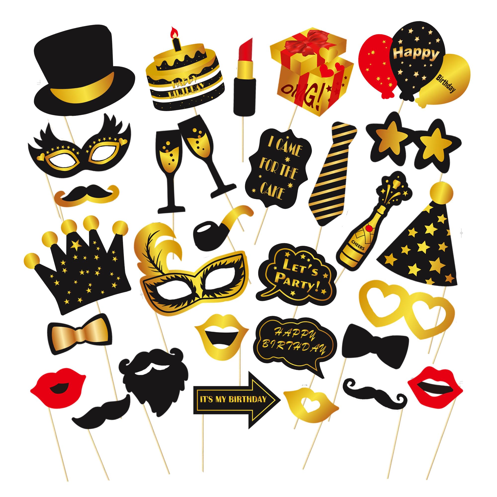 Amazon.com: 30 Pieces Happy Birthday Photo Booth Prop Black Gold Photo ...