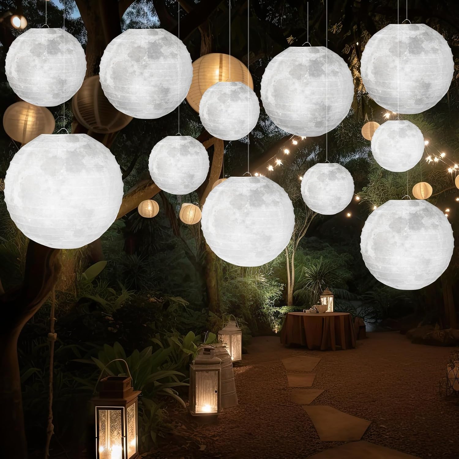 Baquler 12 Pcs Moon Paper Lantern Room Decorations 14 Inch LED Space ...