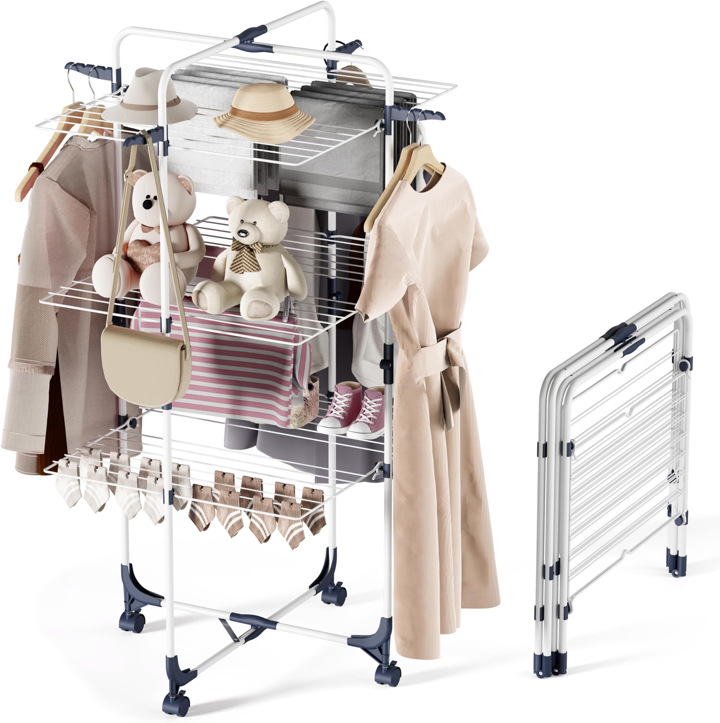 APEXCHASER Étendoir à linge pliable à 3 niveaux avec roulettes et 4 ...