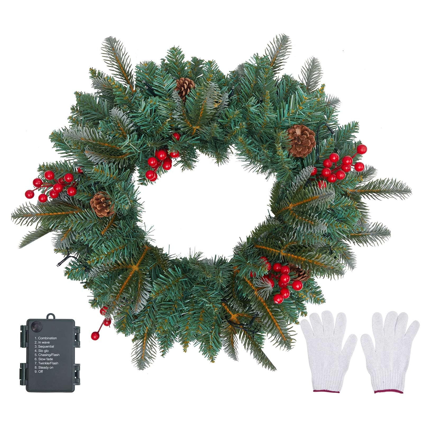 20 Inch Christmas Wreath with 50 Lights Timer (Battery Not Included ...