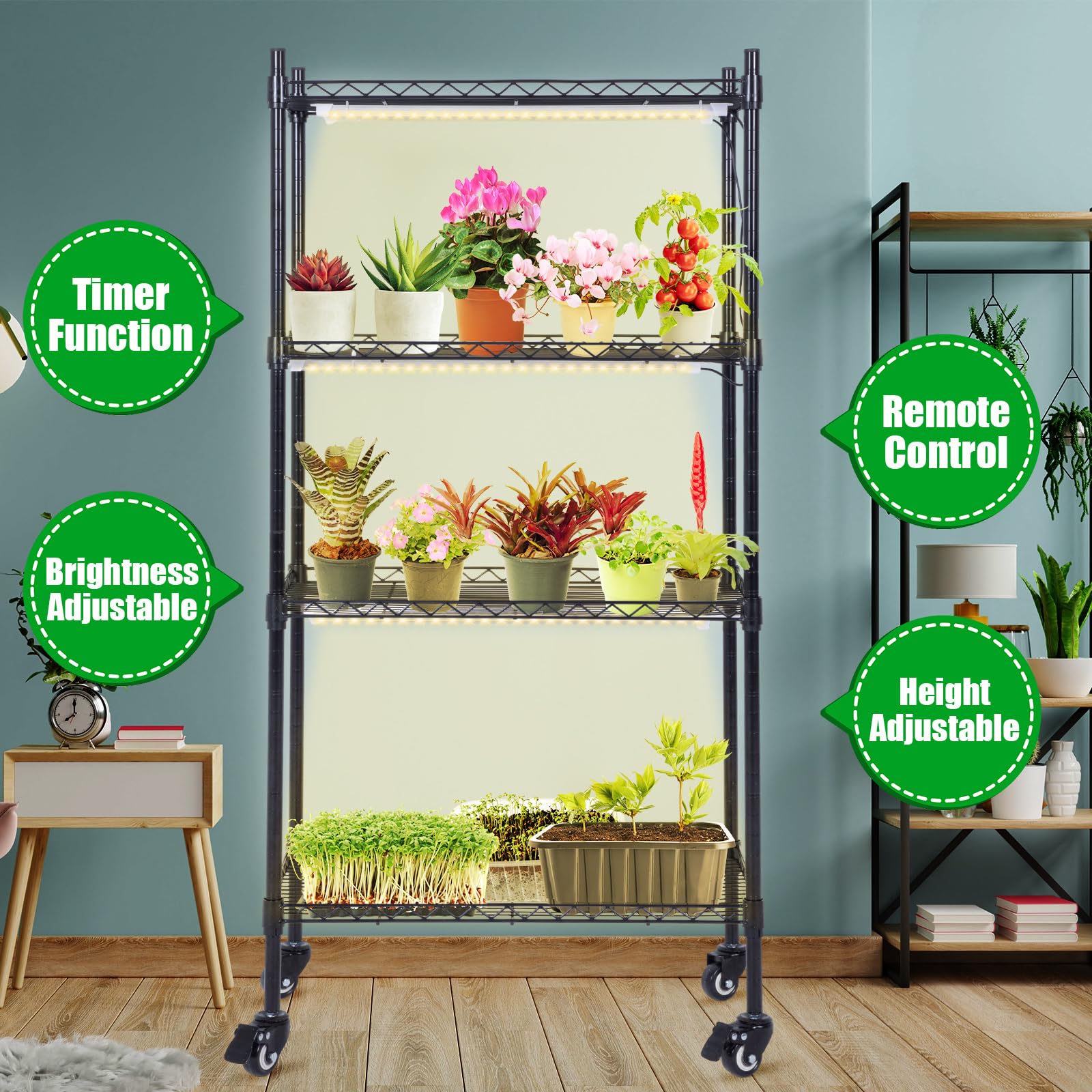 Meonum Plant Shelf with Grow Light, 4 Layers Plant Stand with 6 Pack ...