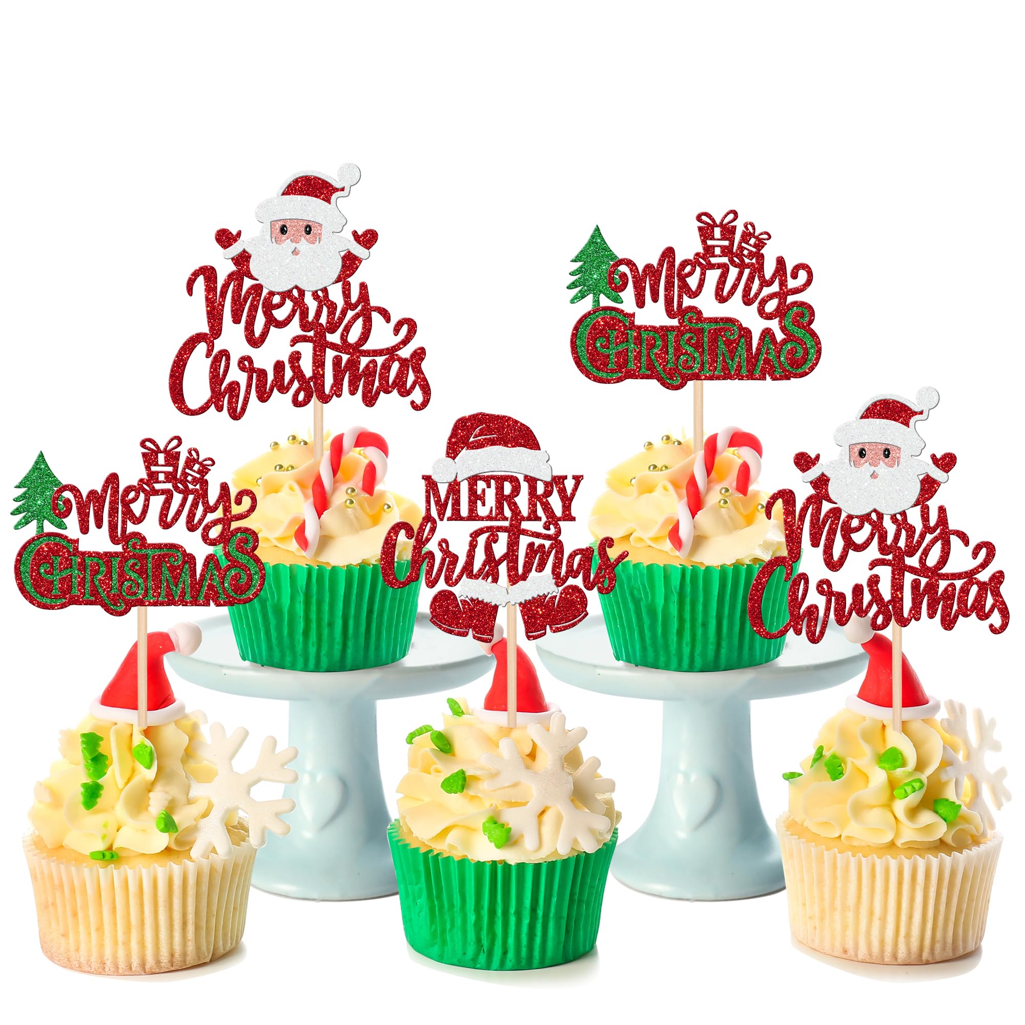 Amazon.com: 24 PCS Merry Christmas Cupcake Toppers Glitter Christmas ...