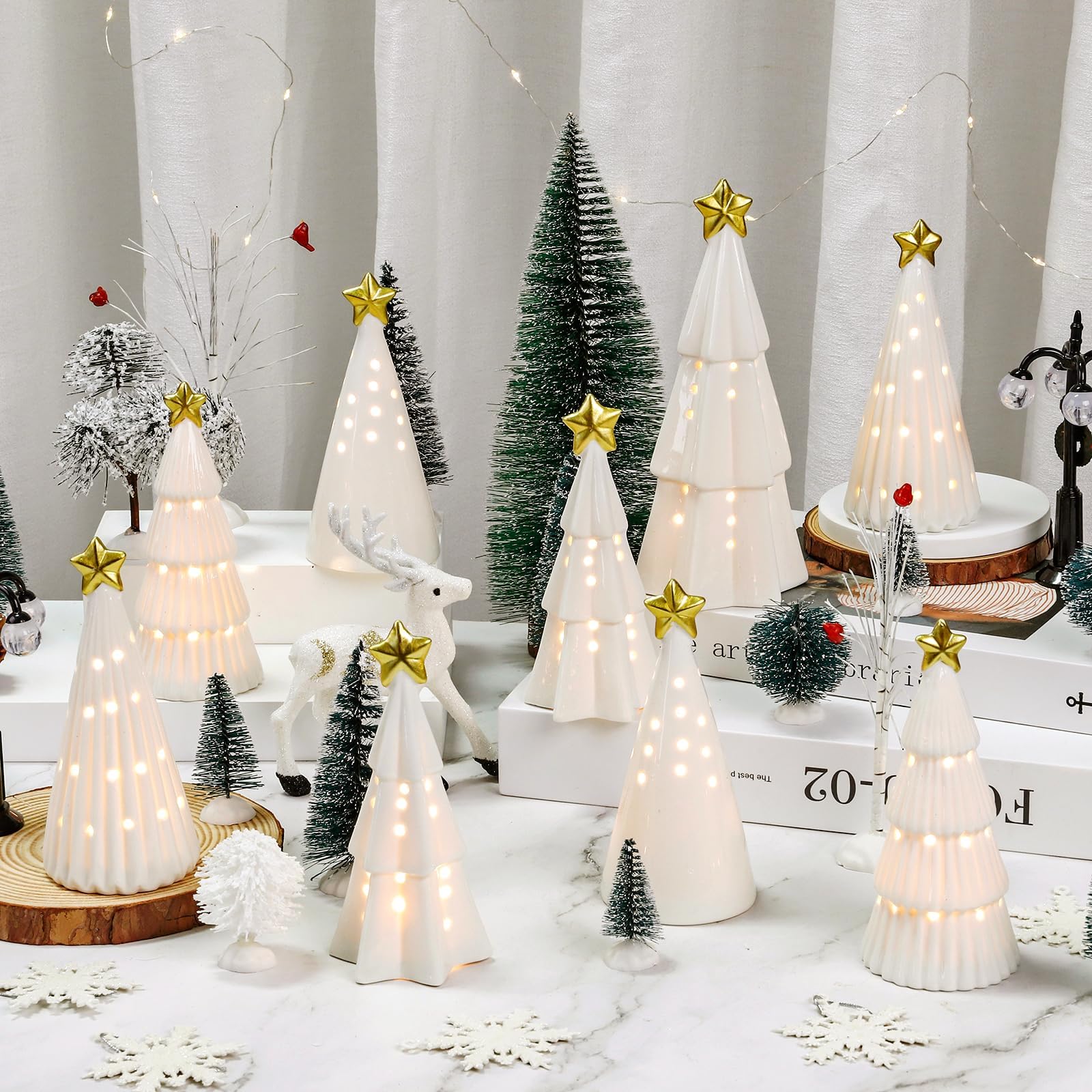 Amazon.com: 9 Pcs Lighted Ceramic Christmas Tree White Christmas ...