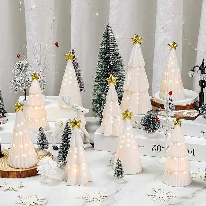 Amazon.com: 9 Pcs Lighted Ceramic Christmas Tree White Christmas ...