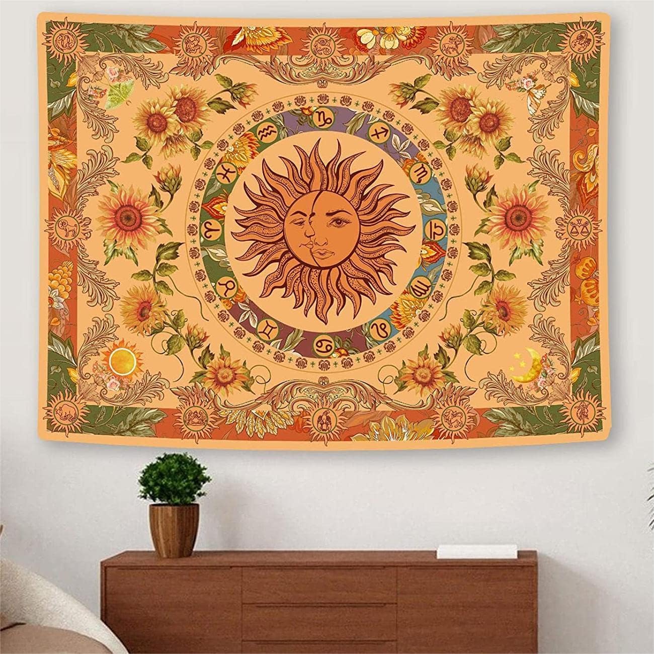 Amazon.com: Yellow tapestry.Sun and Moon tapestry. Vintage wall hanging ...