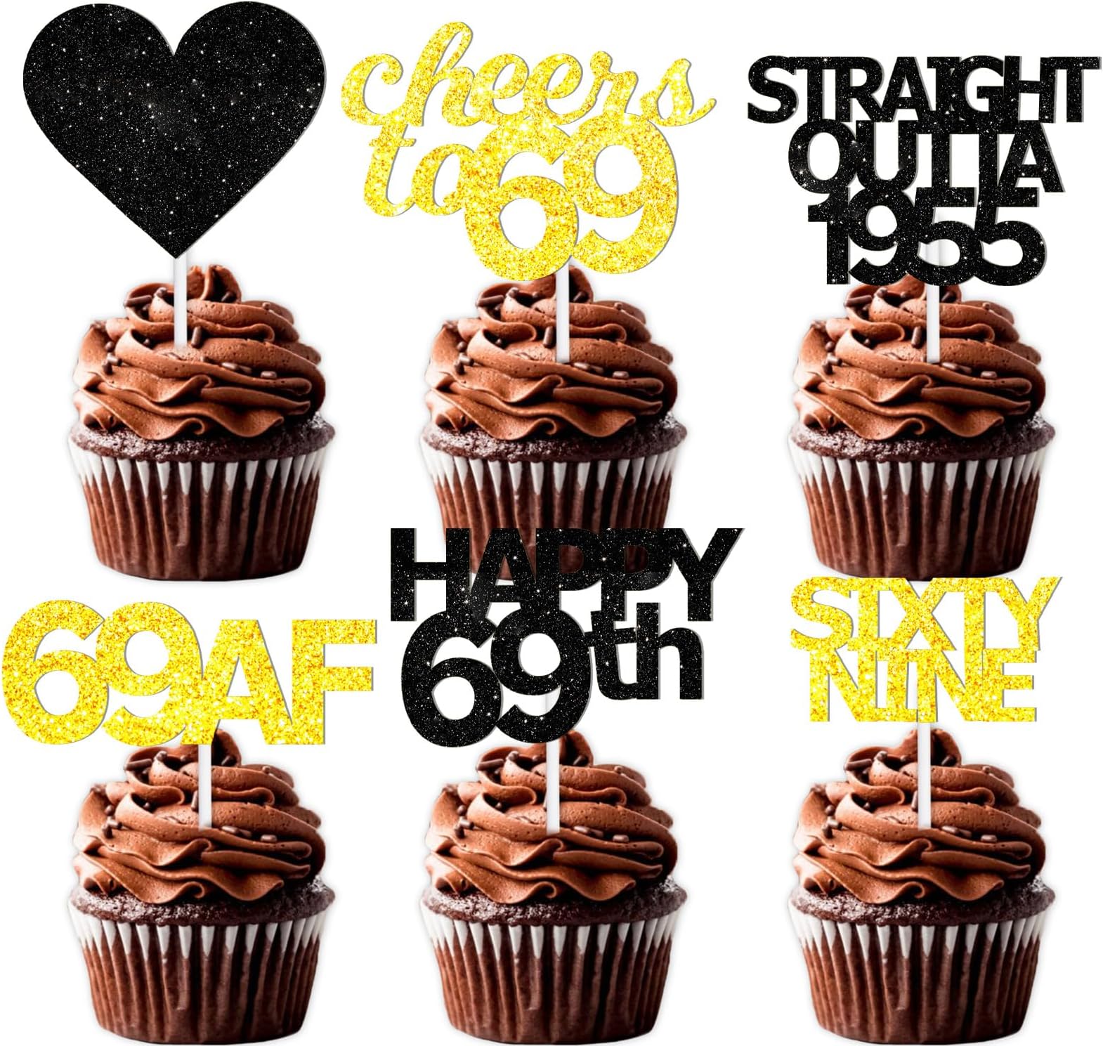 Amazon.com: Gold Happy 69th Birthday Cupcake Topper, 24-Pack Number 69 ...