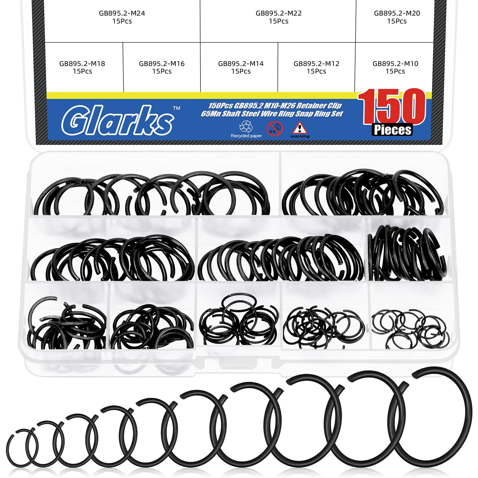 Glarks 150pcs GB895.2 65Mn Metric 10 Sizes 10MM to 26MM Round Wire C ...