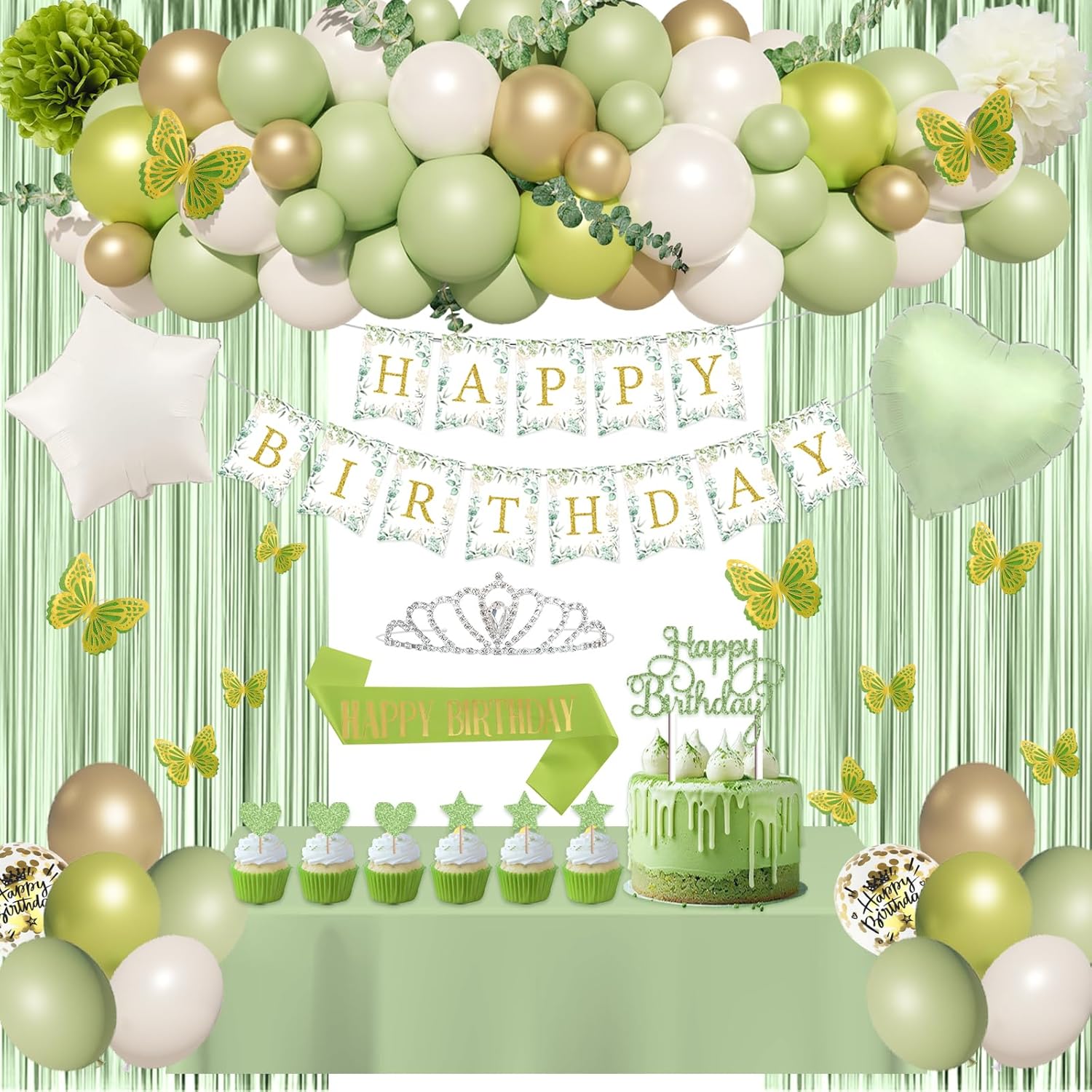 Amazon.com: Sage Green Birthday Decorations Supplies White Gold Sage ...