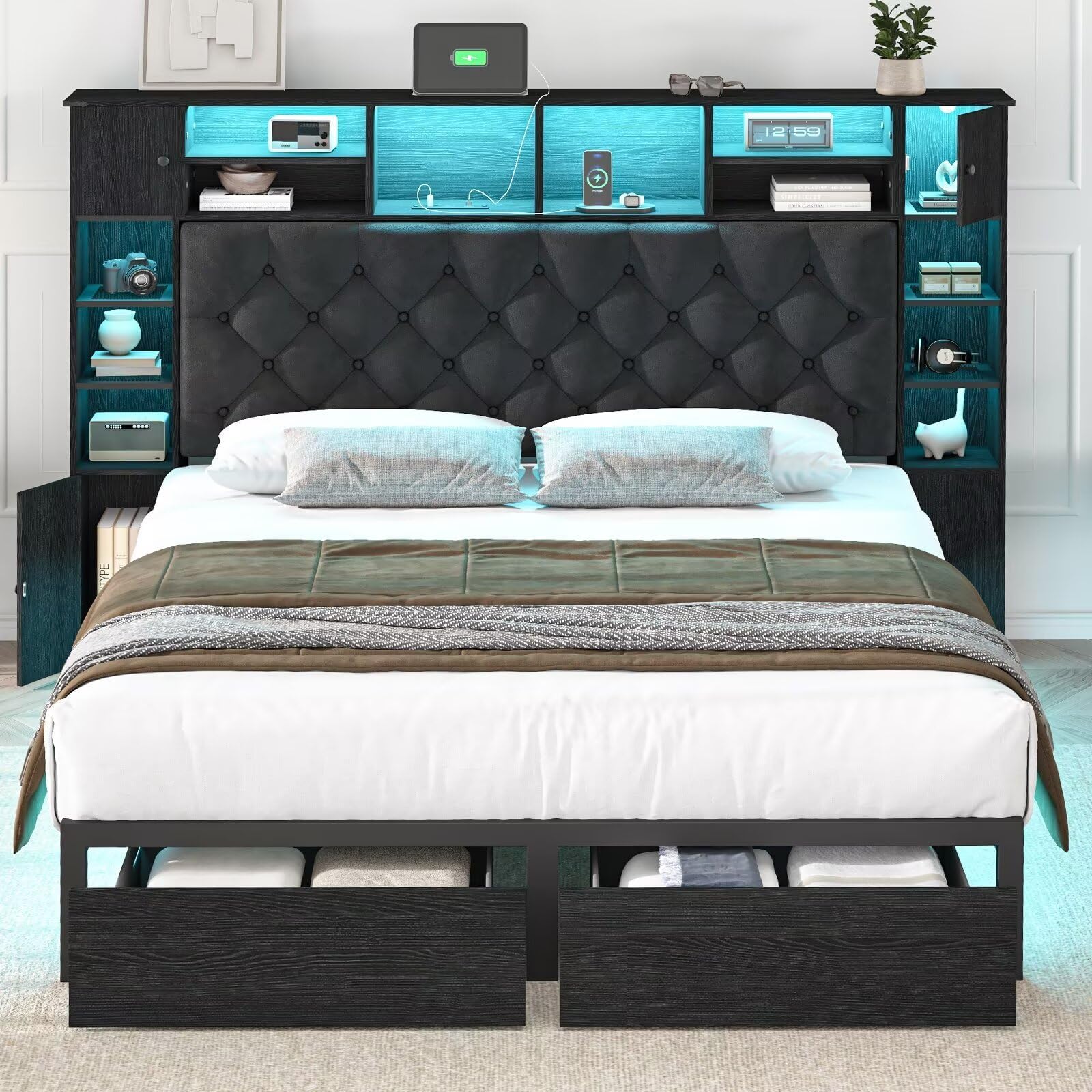 Amazon.com: AMERLIFE Full Size Bed Frame with 4 Storage Drawers, LED ...