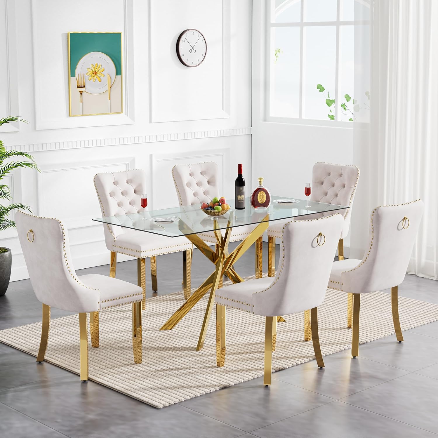 Amazon.com - Maotifeys 7 Piece Luxury Gold Glass Dining Table Set for 6 ...