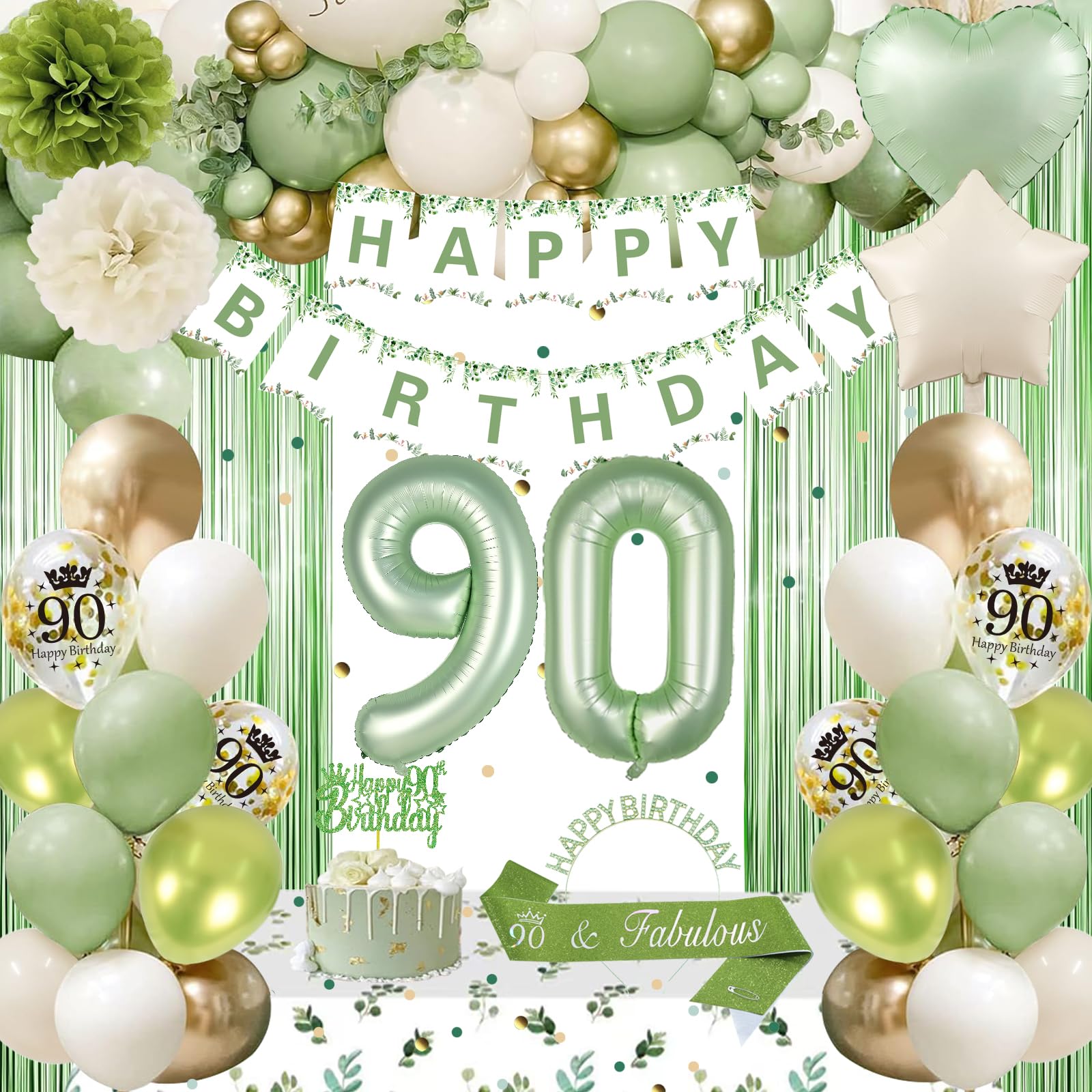 Amazon.com: 90th Birthday Decorations for Women, Sage Green 90th ...
