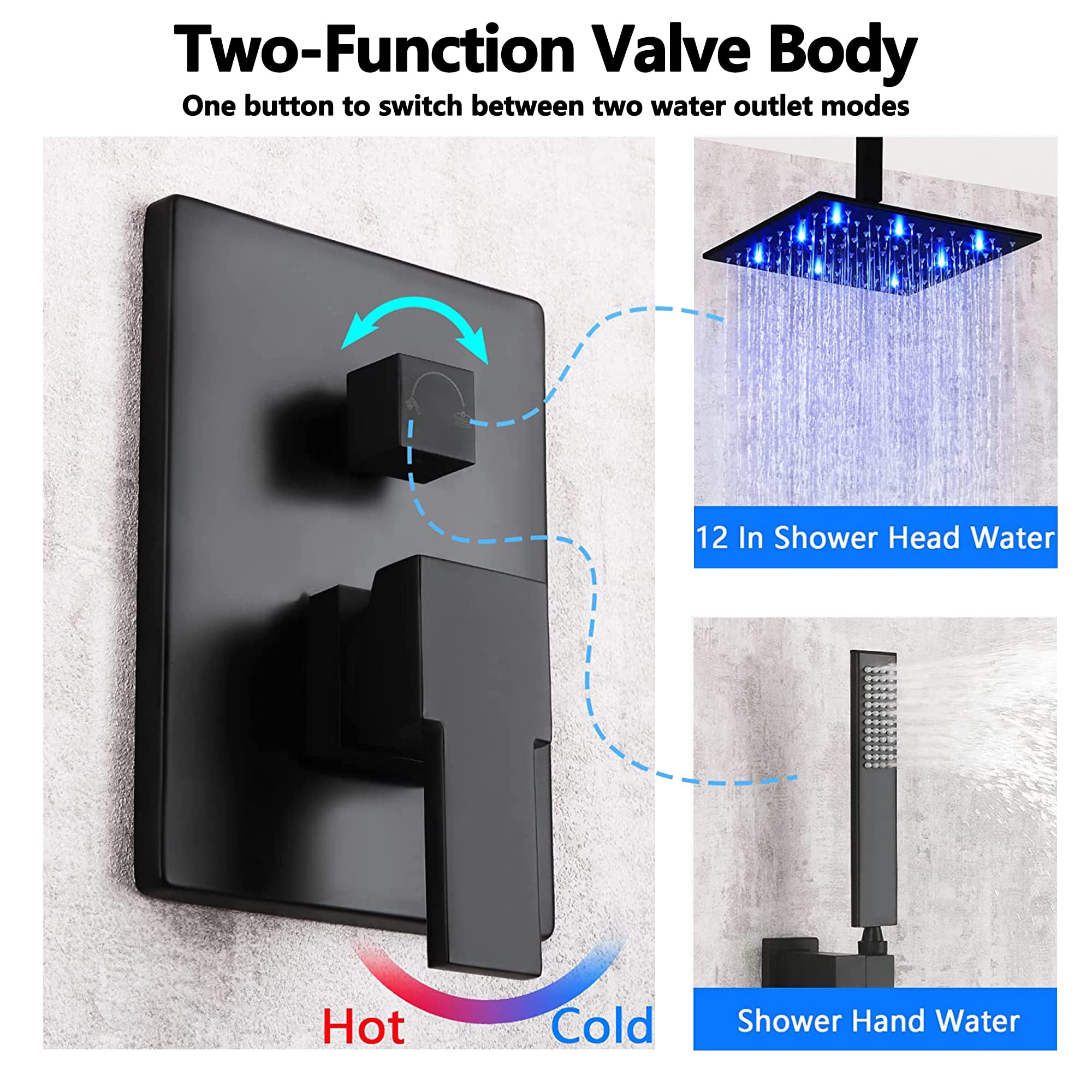 Ceiling Shower System LED Rainfall Shower Faucet Set Bathroom 12 Inch ...