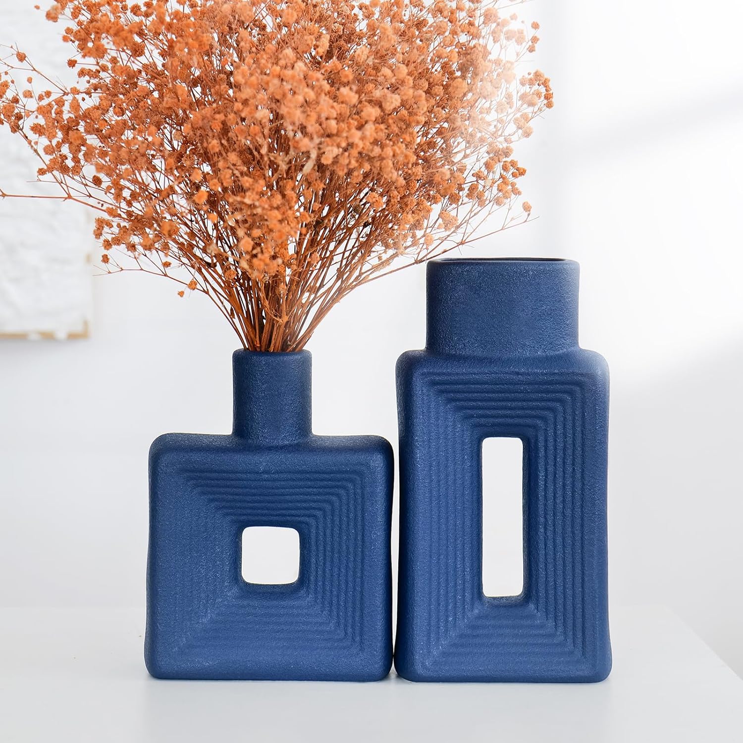 Amazon.com: Hanaomaoyi Blue Ceramic Square Vase Set of 2, Big Donut ...