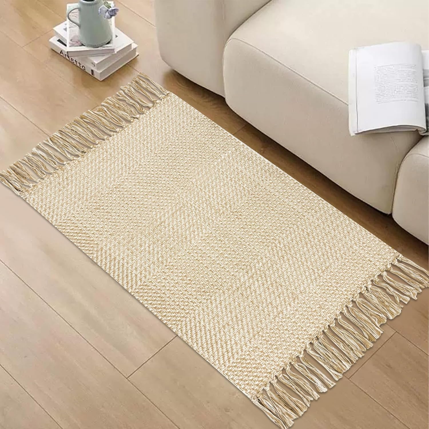 USTIDE Hand Woven Natural Area Rug Brown&Cream Braided Rug Soft Cotton ...