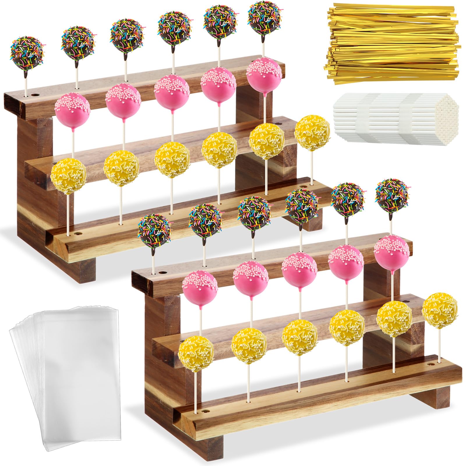 2 Pack Wood Cake Pop Stands Sucker Display 3 Tier Lollipop Holders with ...