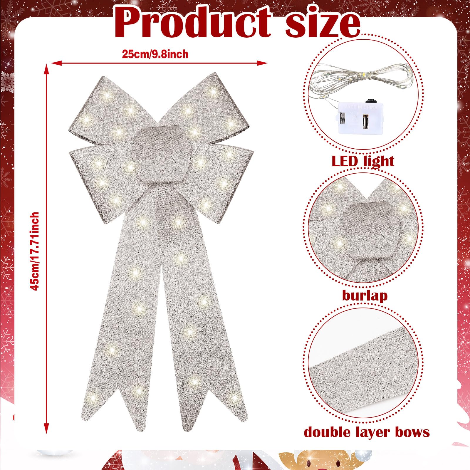 Liliful 3 Pcs LED Christmas Wreath Bow Outdoor Lighted Bows 18 x 10 ...