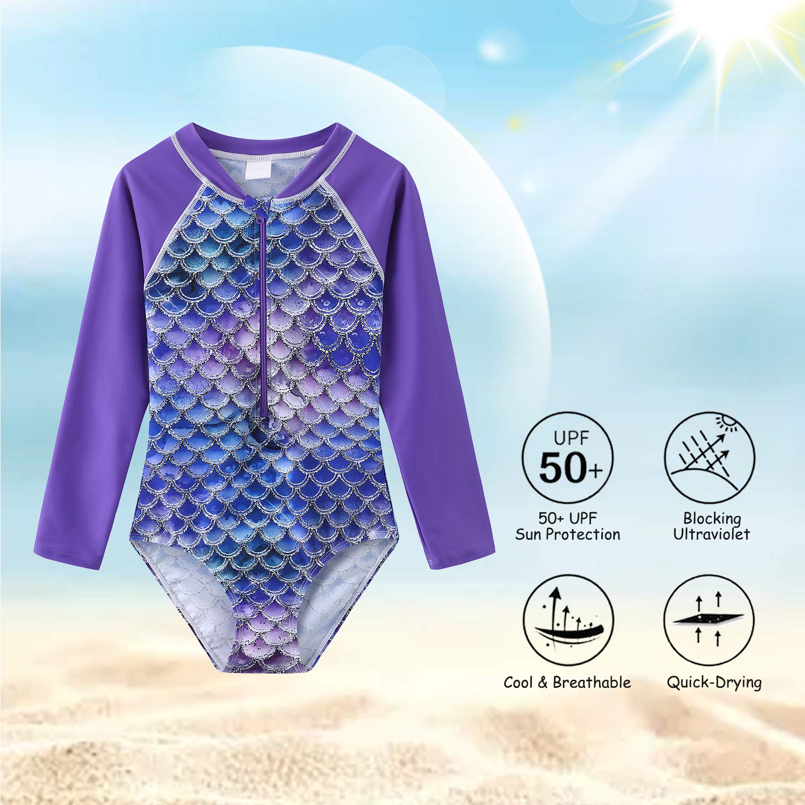 Snapklik.com : Girls One Piece Mermaid Swimsuits Long Sleeve Rash Guard ...