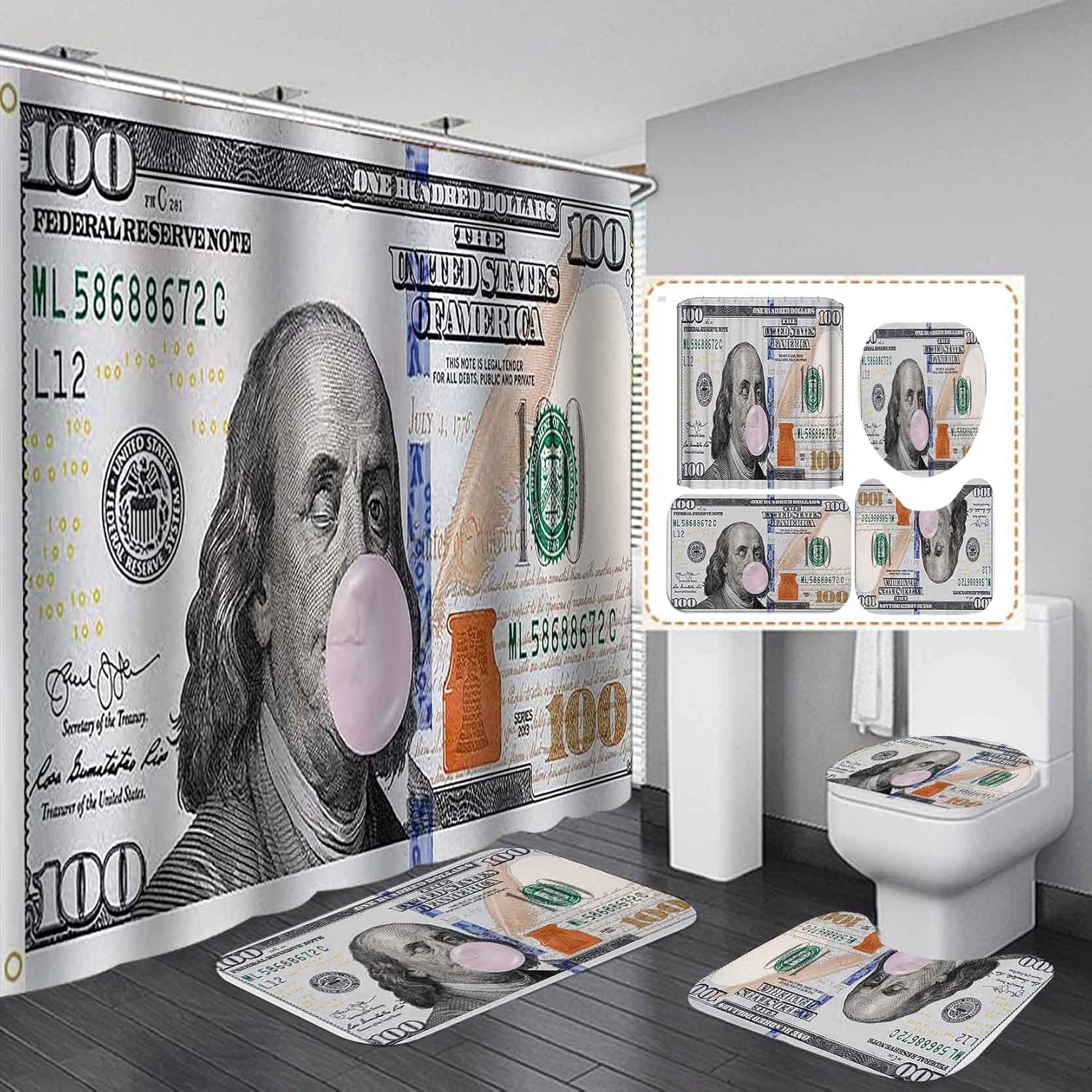 Amazon.com: OLEBETY 4PCS Money Shower Curtain Set, Benjamin Franklin ...