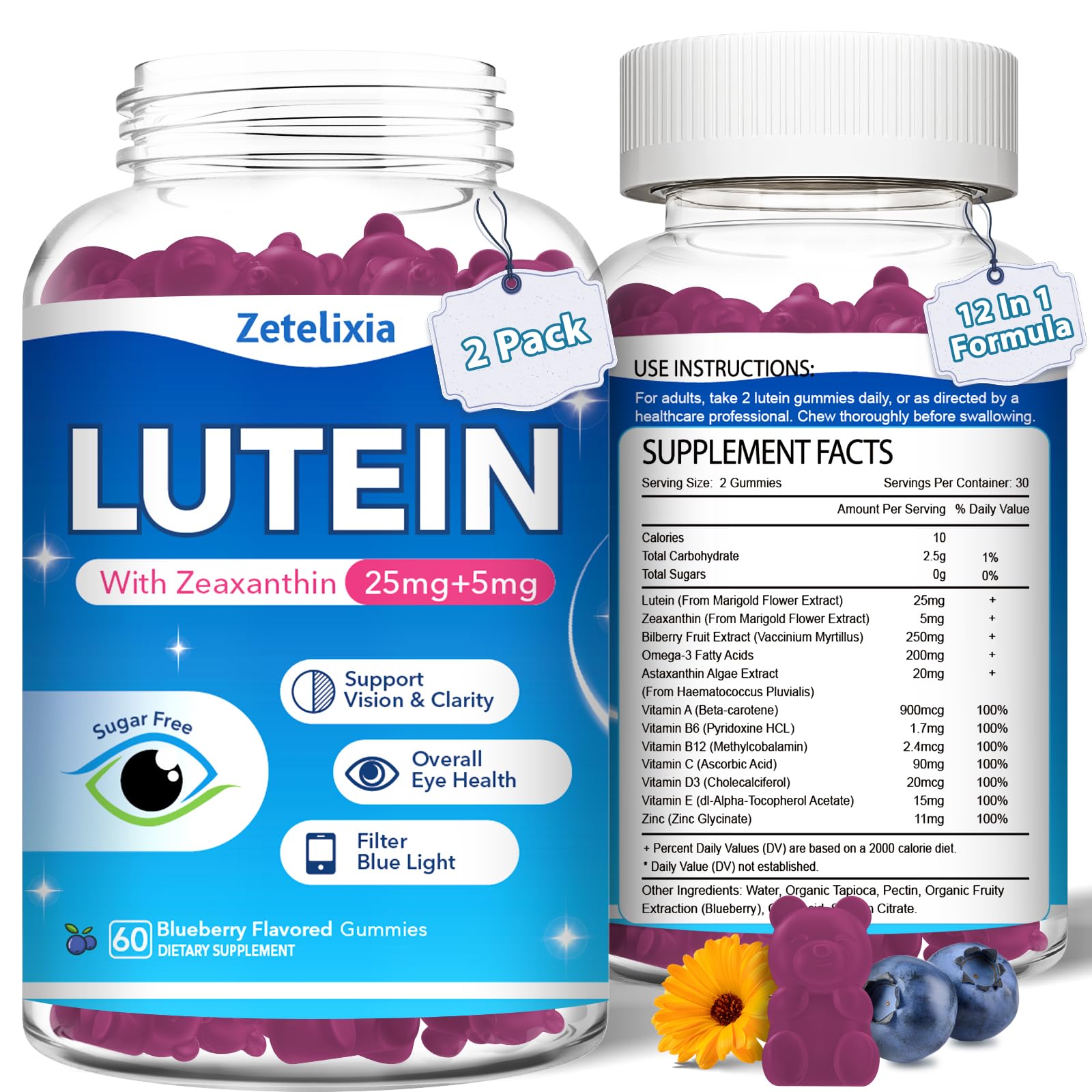 Amazon.com: 2 Pack Lutein Gummies, 12 in 1 Lutein and Zeaxanthin ...