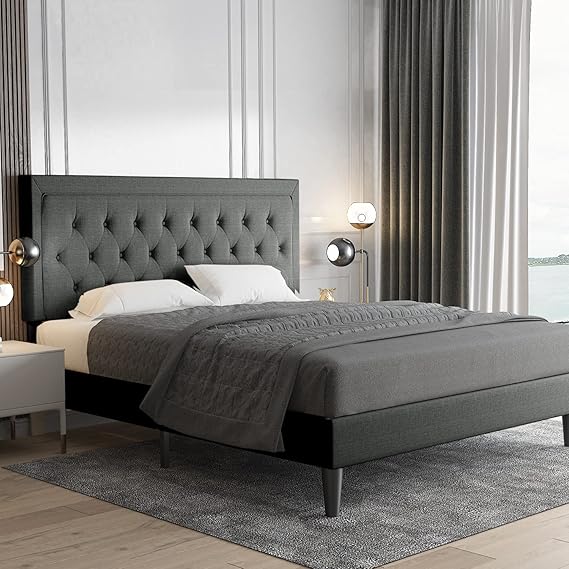Amazon.com: Allewie Queen Size Button Tufted Platform Bed Frame/Fabric ...