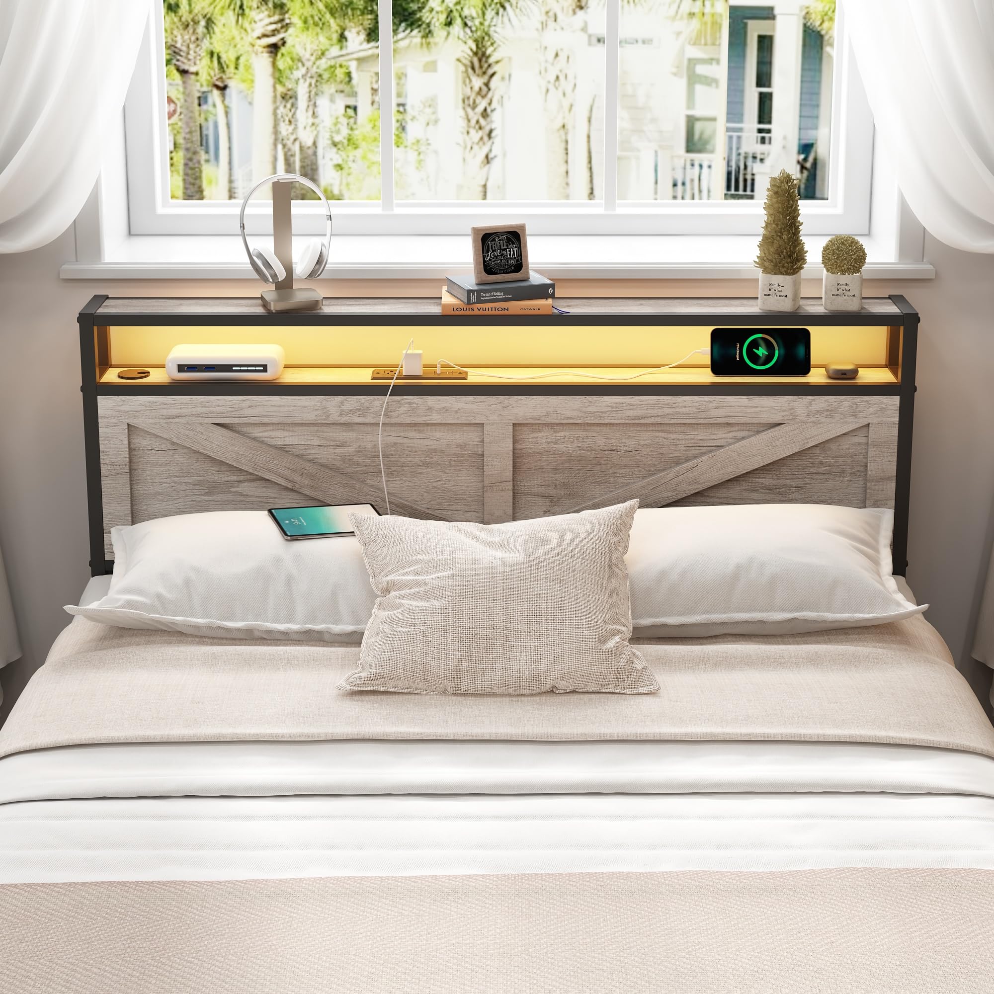 Halitaa Twin Bed Frame Headboard, Platform Bed with Storage & LED Light ...