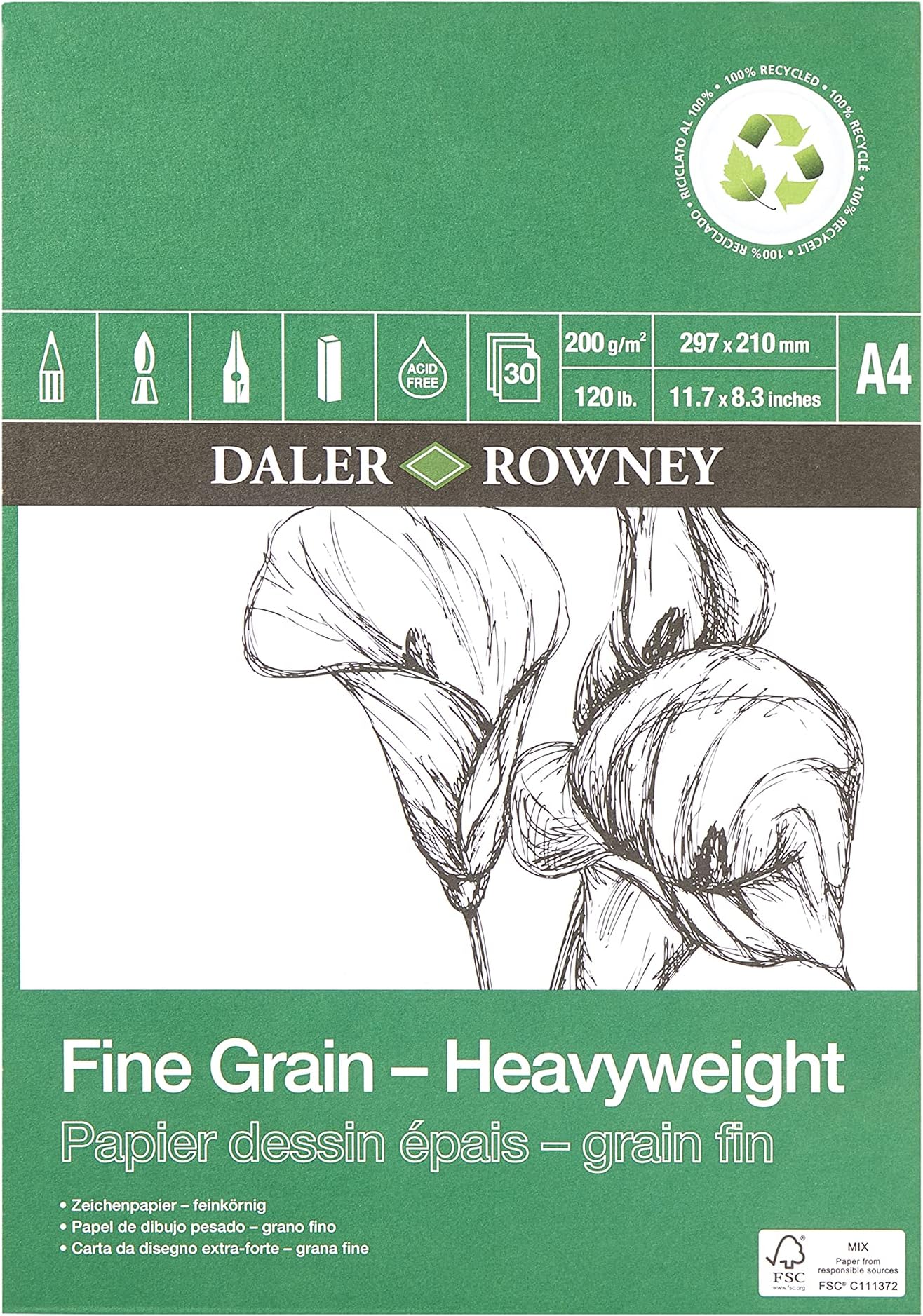 Daler-Rowney Fine Grain Lightly Textured Heavyweight 200gsm A2 Drawing ...