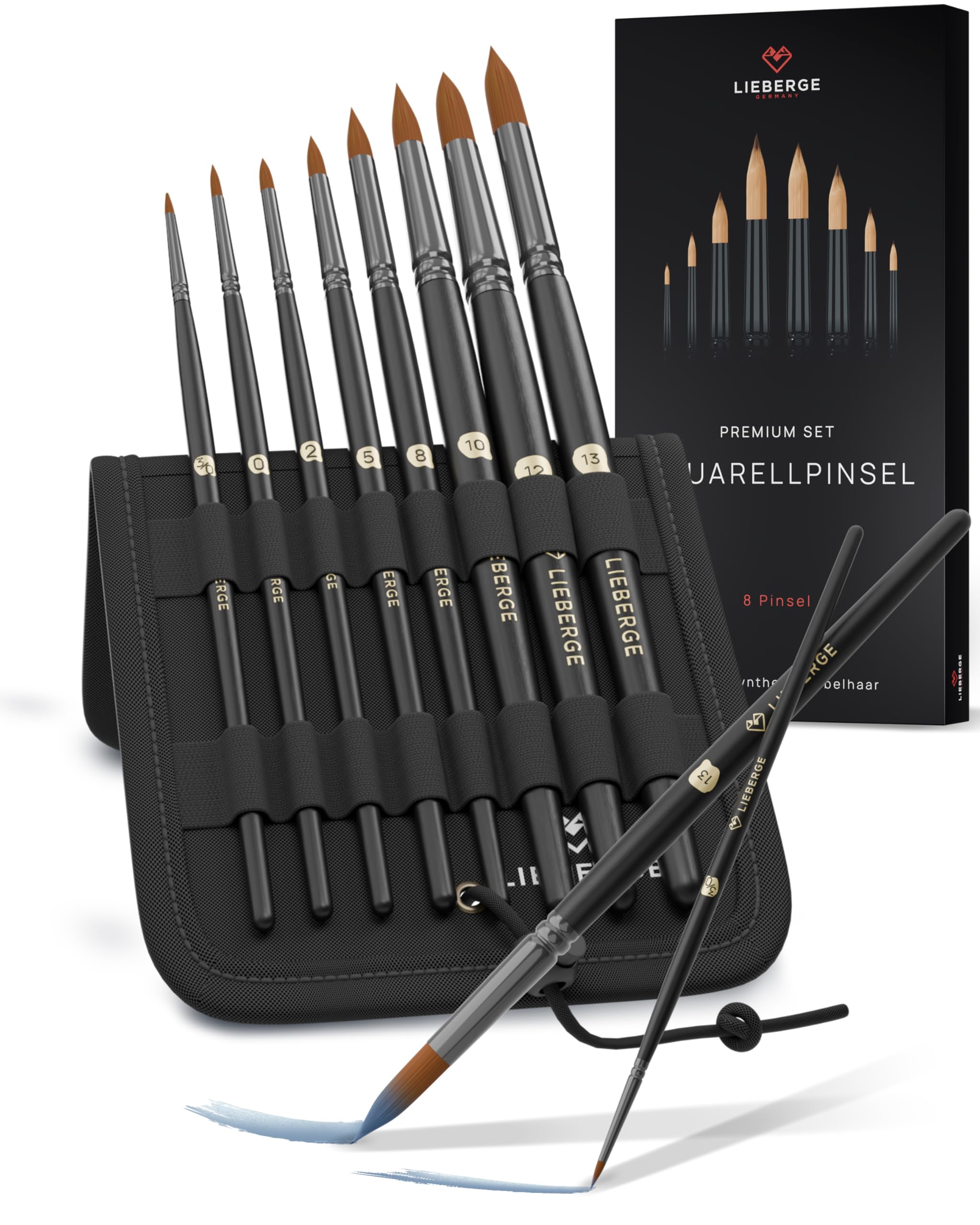 LIEBERGE Premium Aquarellpinsel – 8 Pinsel aus hochwertigem Synthetik-Zobelhaar – Aquarellpinsel ...