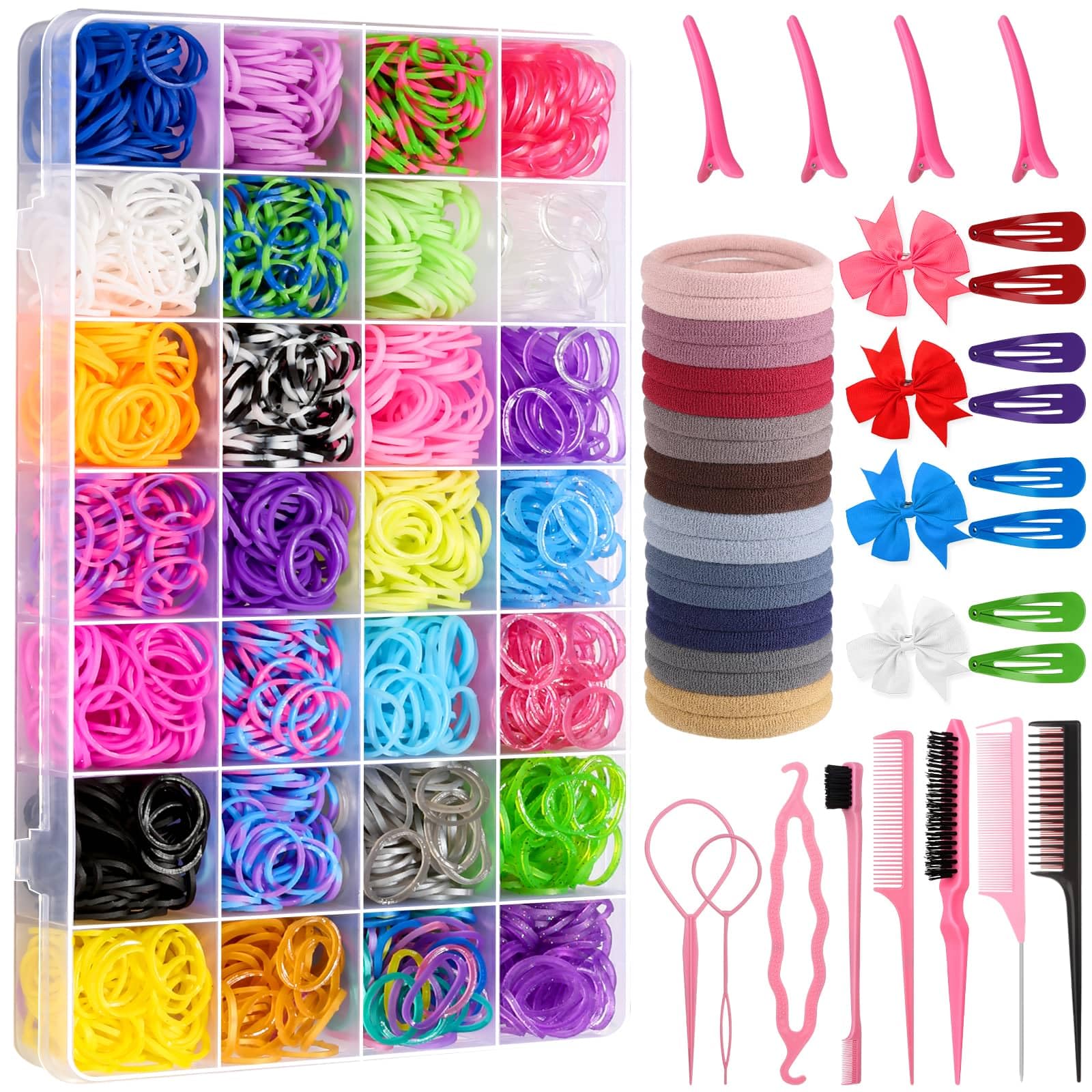3000Pcs 28 Colors Hair Rubber Bands with Hair Styling Tools, Colorful ...