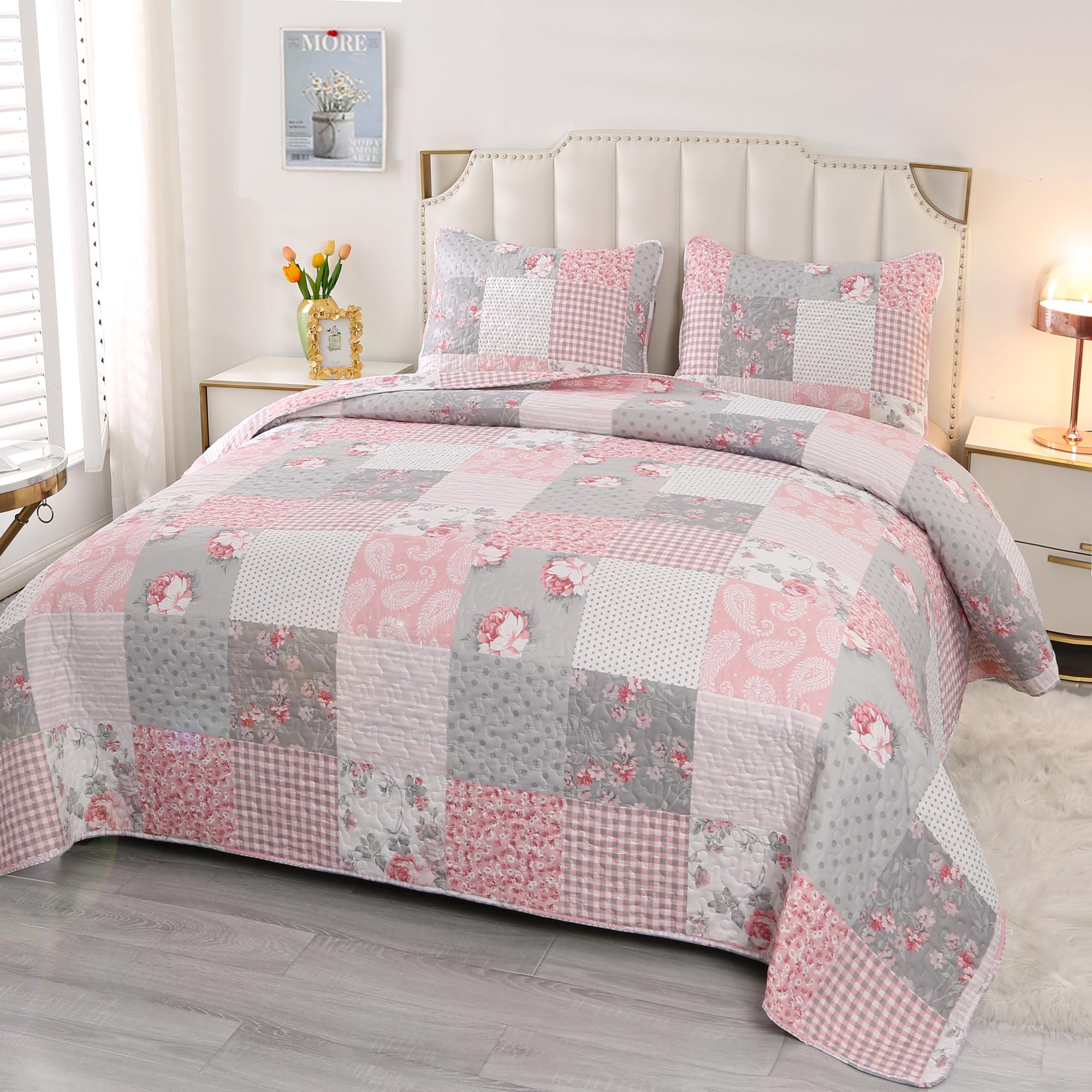 Oversized King Size Quilts Oversized King Size Pink Grey Floral Plaid