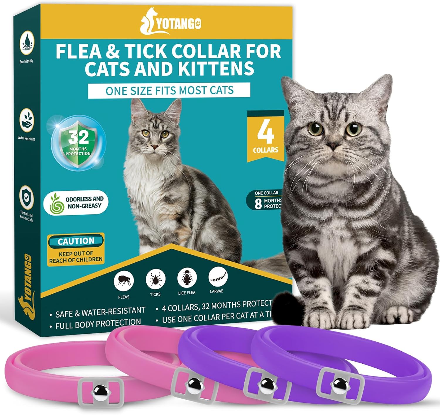 Paquete de 4 collares antipulgas para gatos, collar de pulgas y garrapatas de gato de 8 meses ...