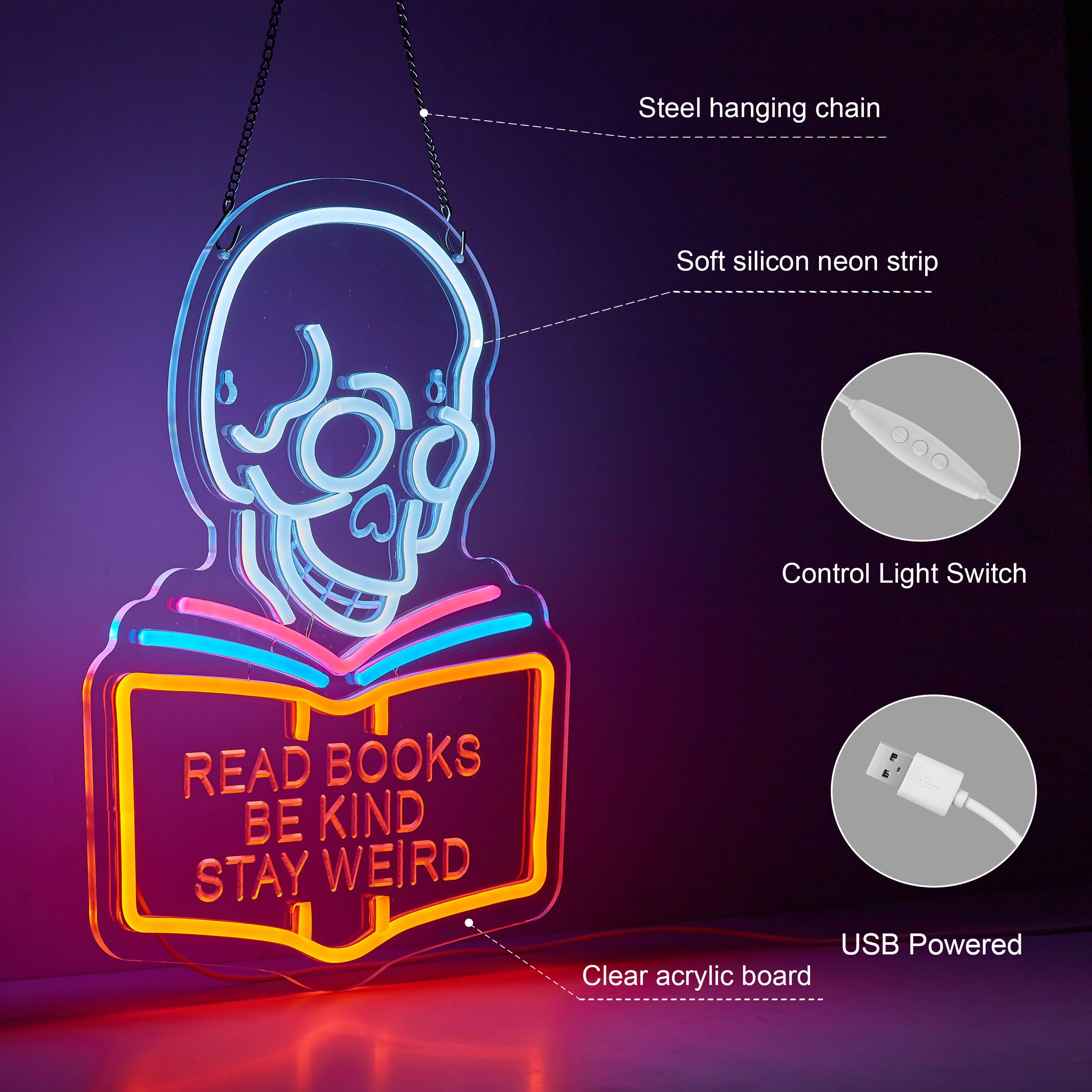 Library Decor Read Books Be Kind Stay Weird Neon Sign, LED Neon Lights ...