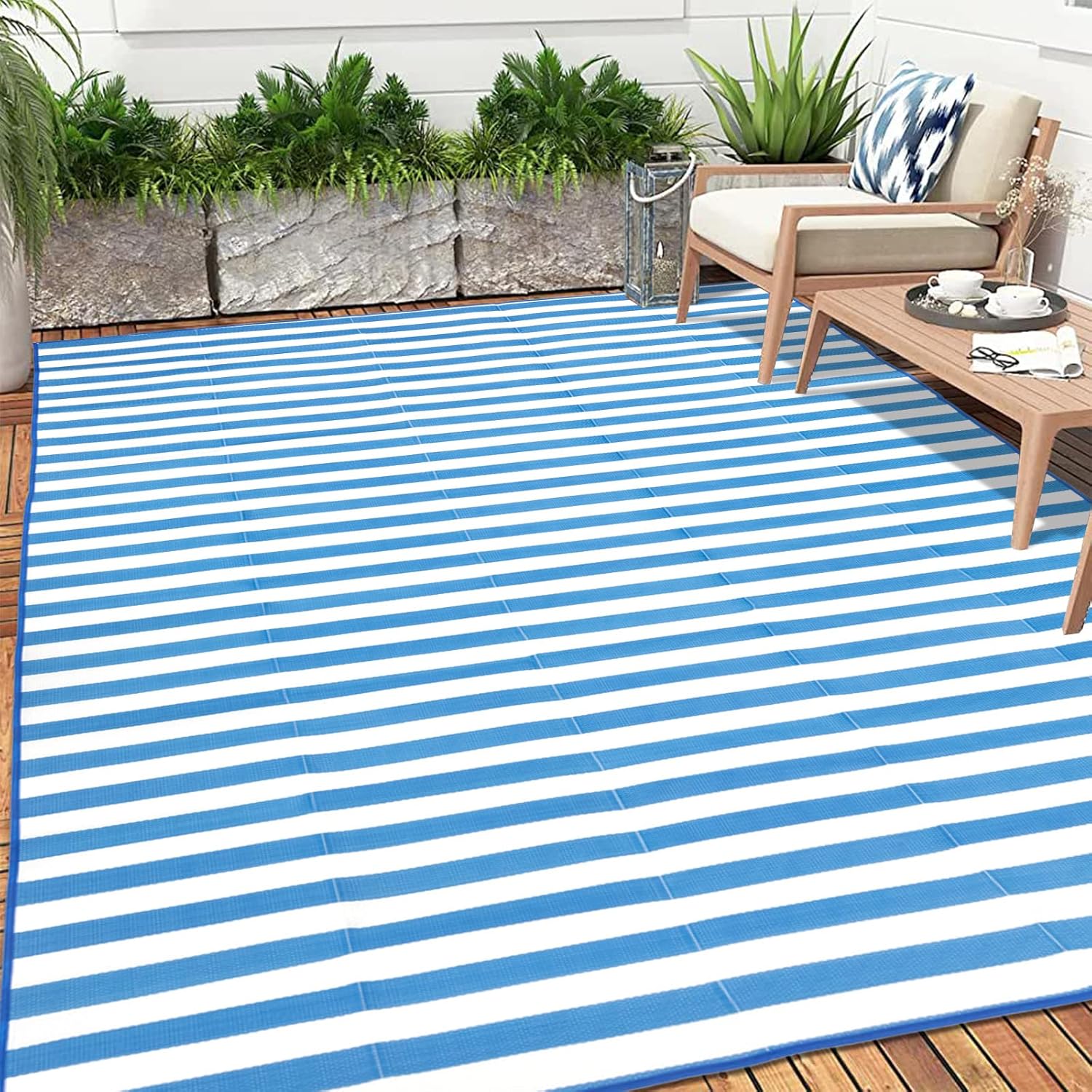 Amazon.com: Reversible Striped Outdoor Rugs for Patio Decor 7' x 12 ...