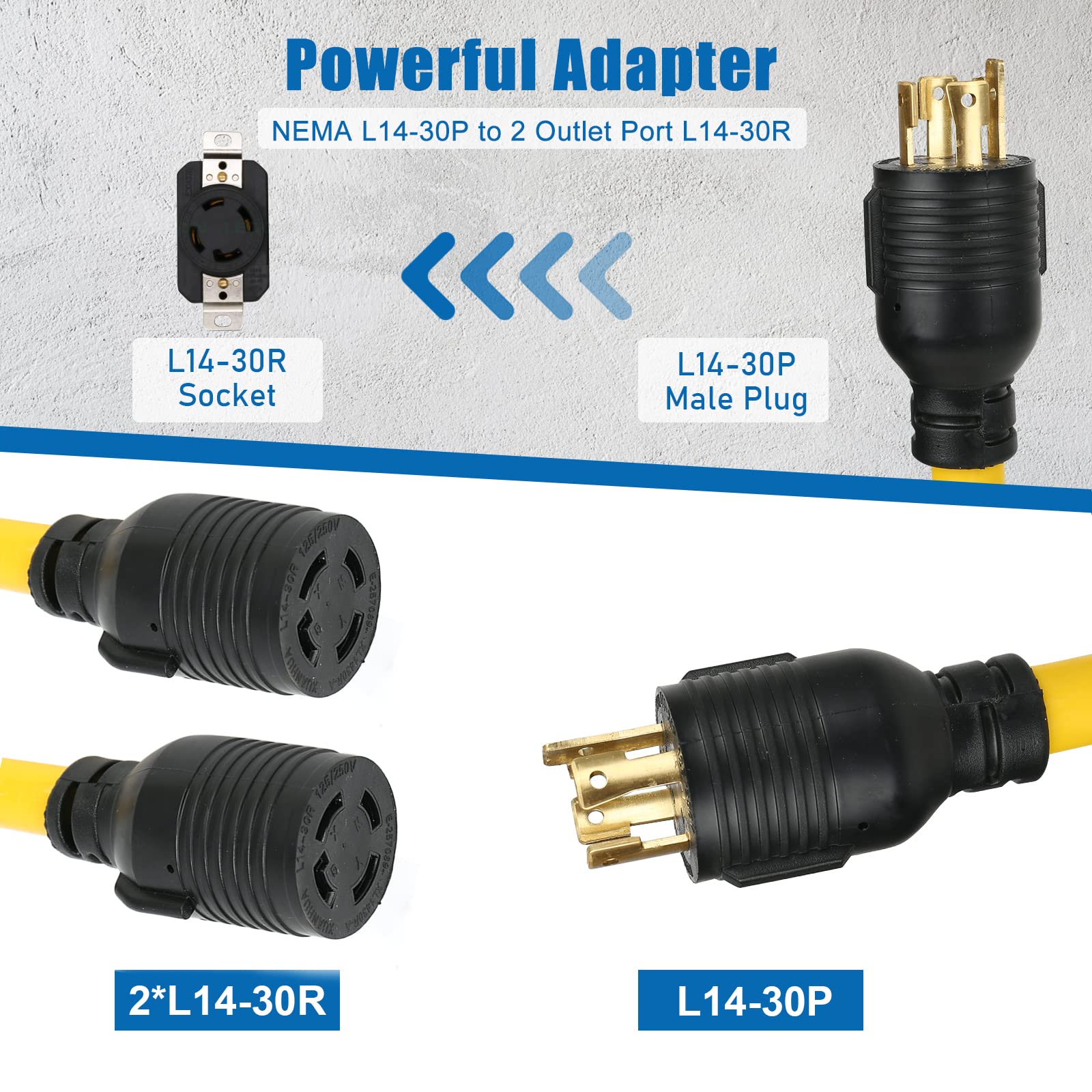 Snapklik.com : 3FT NEMA L14-30 Generator Splitter Y Adapter Cord, L14-30P To
