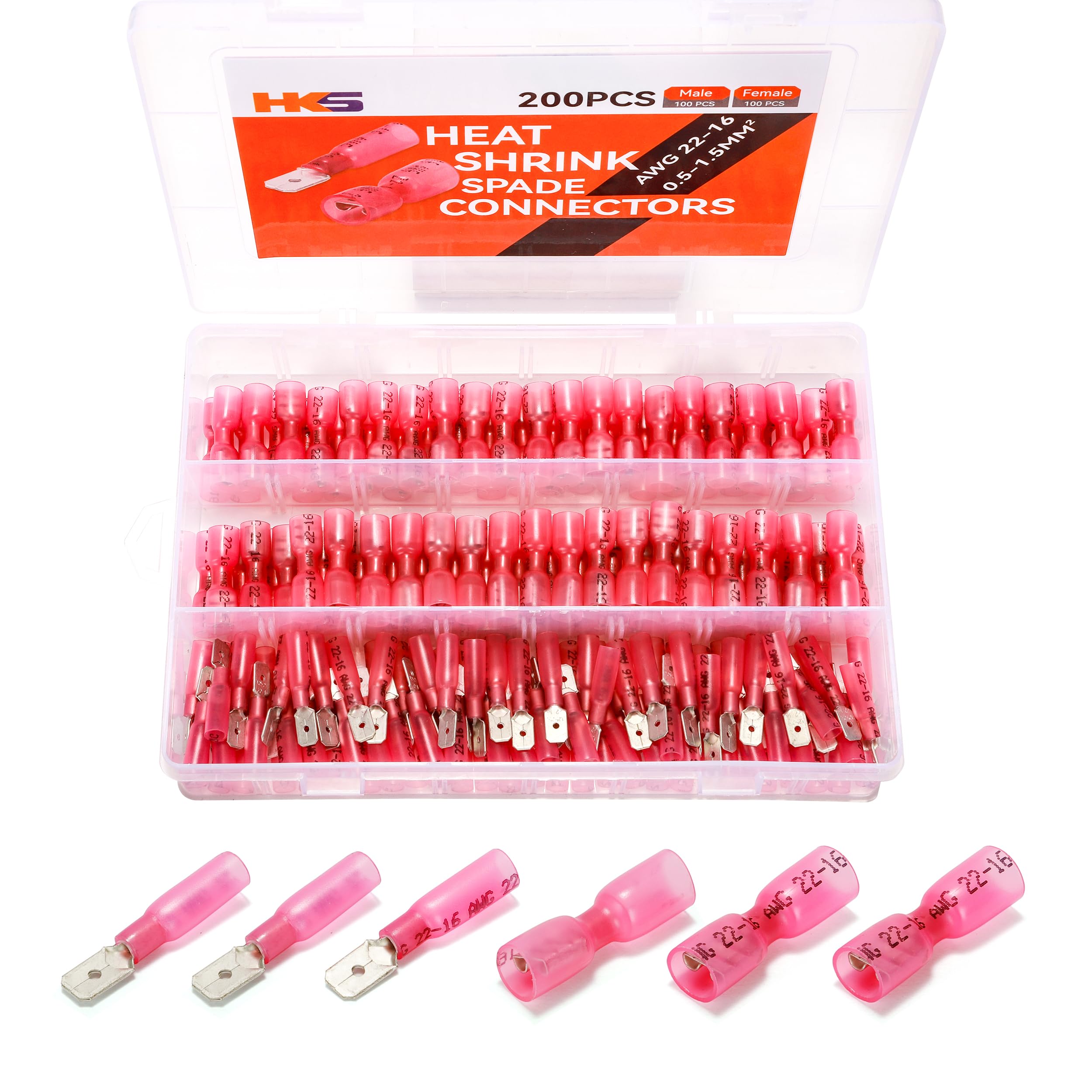 Snapklik.com : 200PCS/100Pairs Spade Connector Kit - Red AWG 22-16 Male ...
