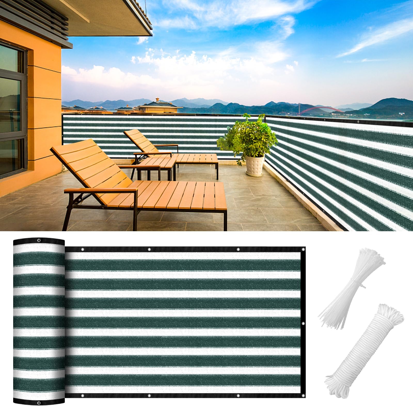 Brise-vue pour balcon - 0,9 x 6,1 m - Résistant aux UV - Résistant à la chaleur - Avec attaches ...