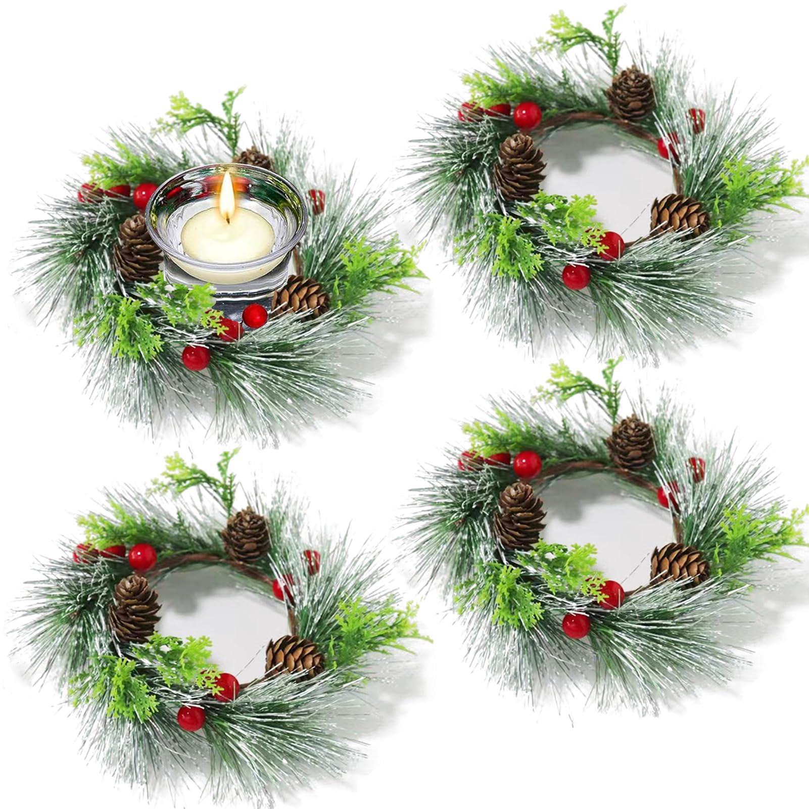 Amazon.com: 4 PCS Christmas Candle Rings, Red Berry and Pinecone Xmas ...