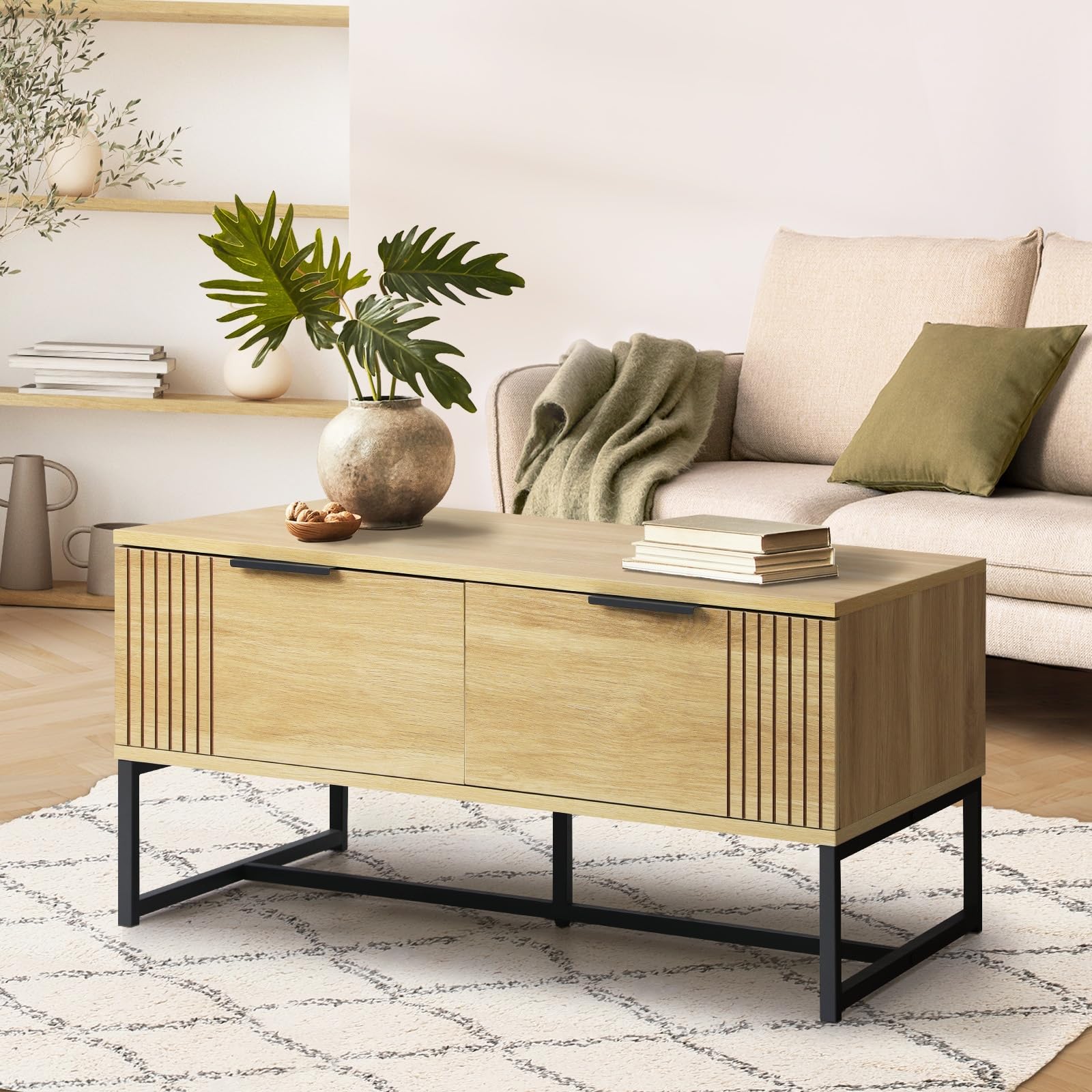 Oikiture Coffee Table with Metal Base and 2 Storage Drawer Side End ...