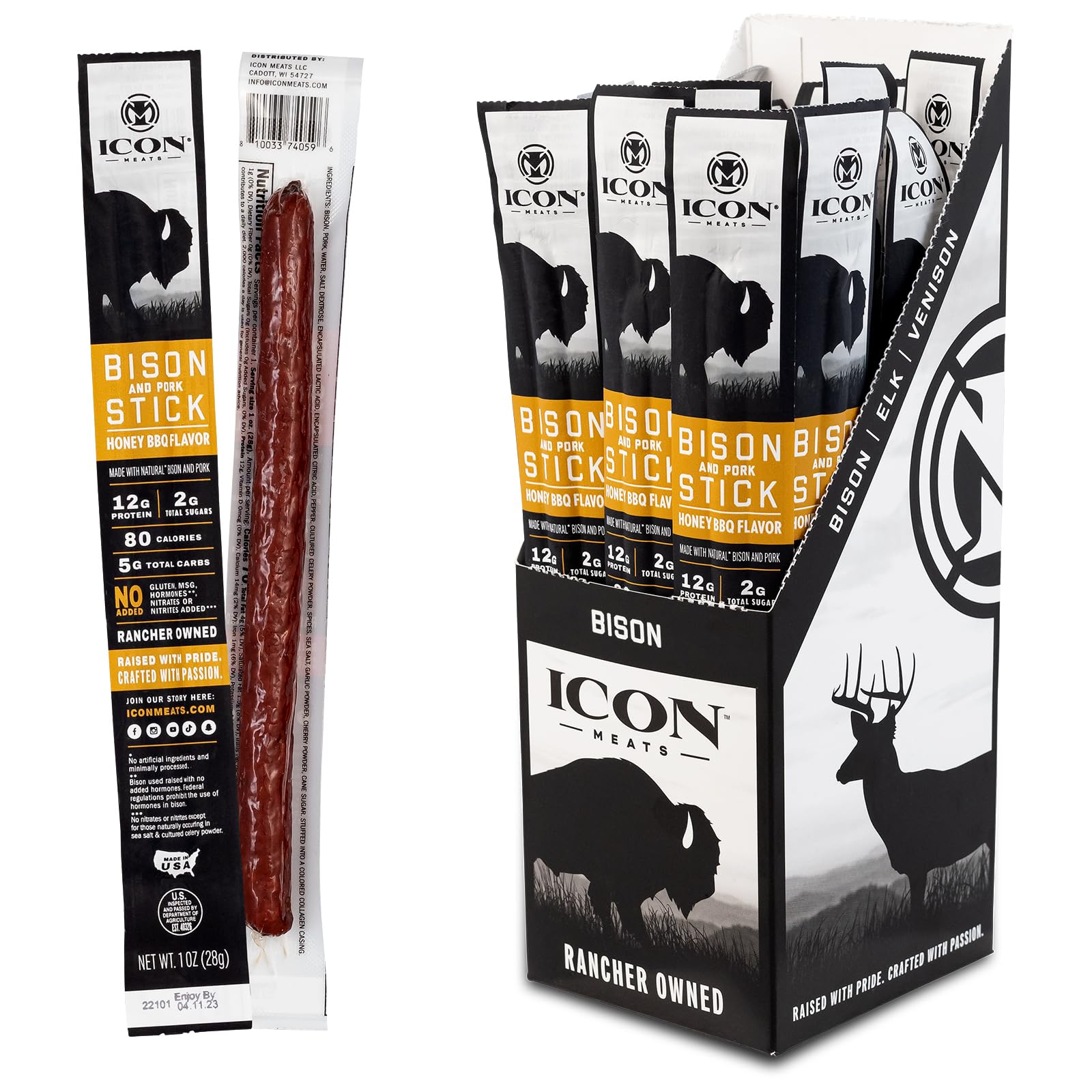 Amazon.com: ICON Meats Bison and Pork Snack Sticks - Honey BBQ Flavor ...