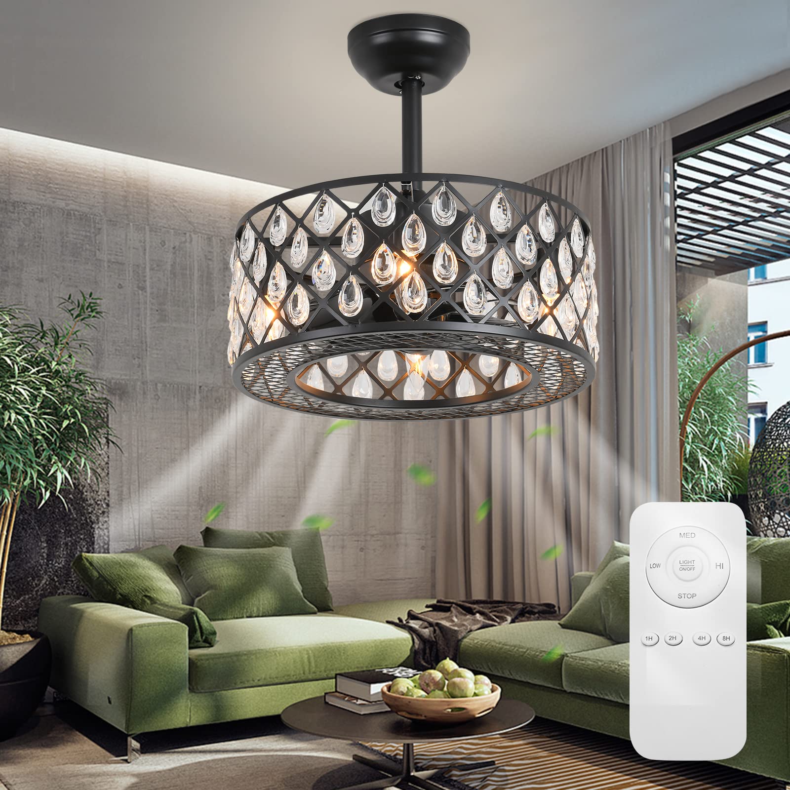 Bladeless Ceiling Fan Black Cage Industrial Flush Mount Crystal Small ...