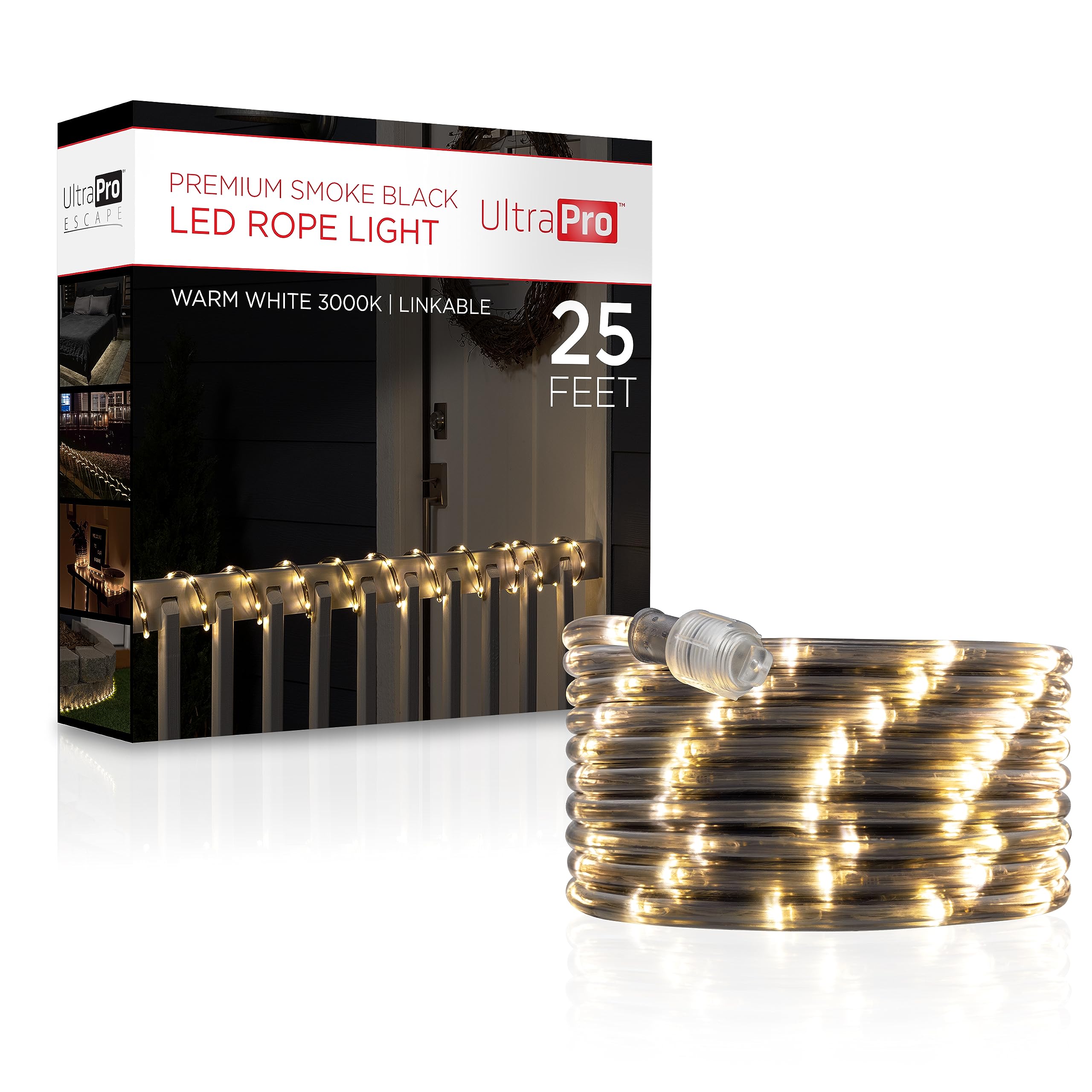 UltraPro LED Rope Lights, 25ft Premium Smoke Black Rope, Warm White ...