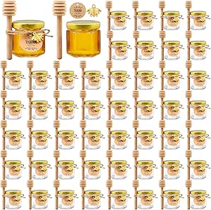 Mini Glass Honey jars-1.5oz, 50 pcs Hexagon Honey Jars with Wooden Dipper,Gold Lid,Bee Pendants ...