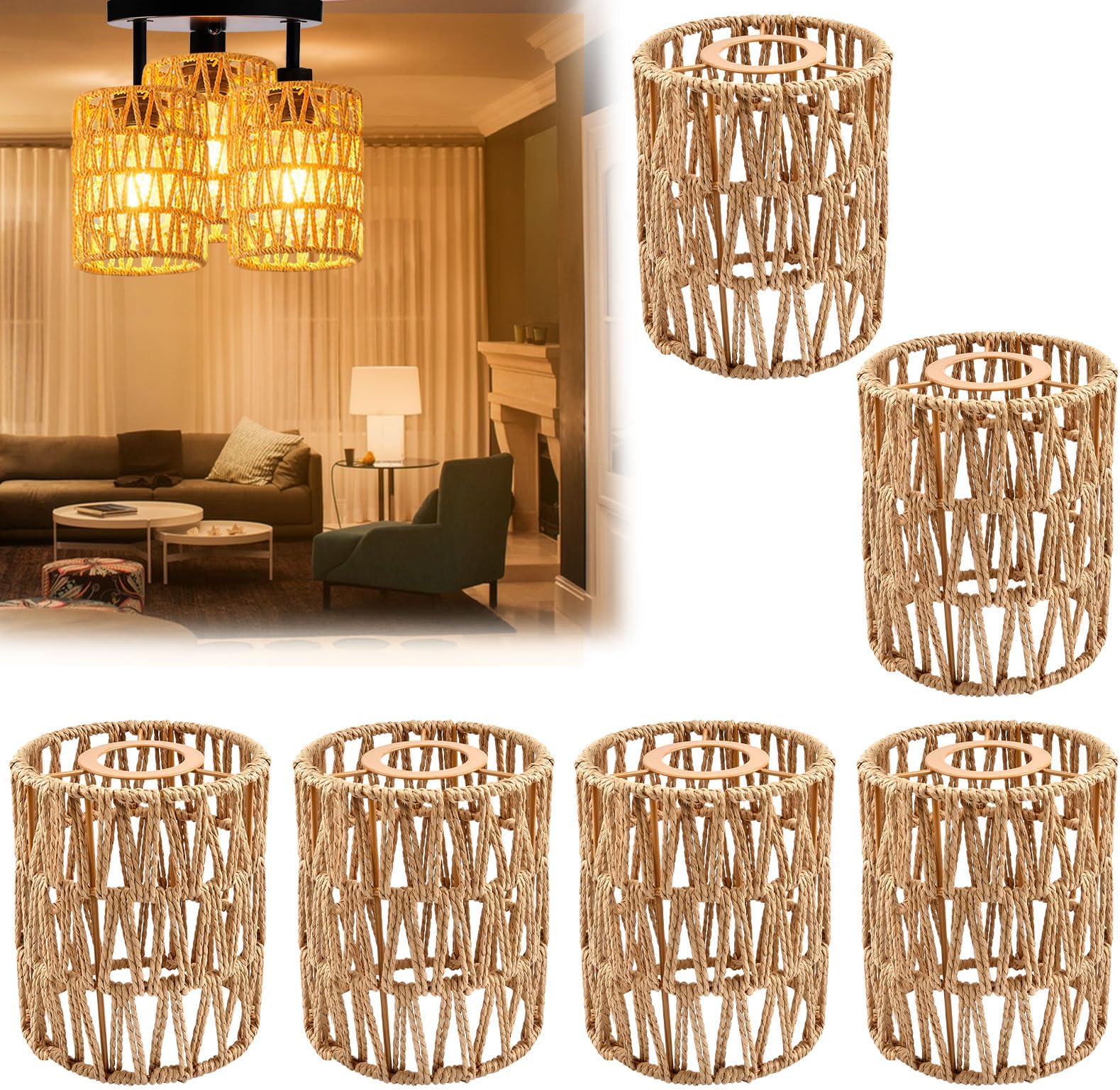Supkiir 6 Pack Rattan Lamp Shade, Retro Small Pendant Light Shade ...