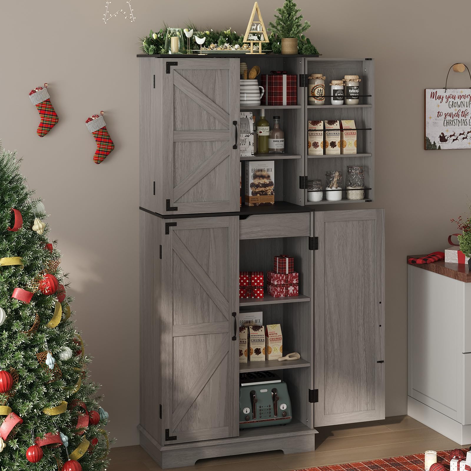 Amazon.com: Sunny Heart Farmhouse Kitchen Pantry Cabinet, 72” Tall ...