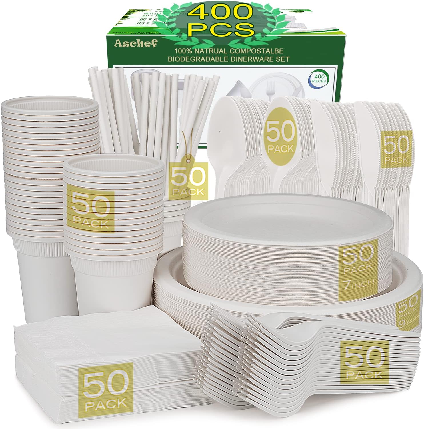 Amazon.com | FEHHTO White Compostable Paper Plates Set 350PCS ...