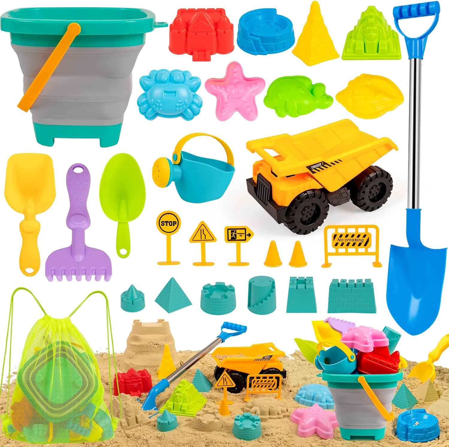FUNWEGOT Beach Toy Sandbox Toys with Truck Collapsible Sand Bucket ...