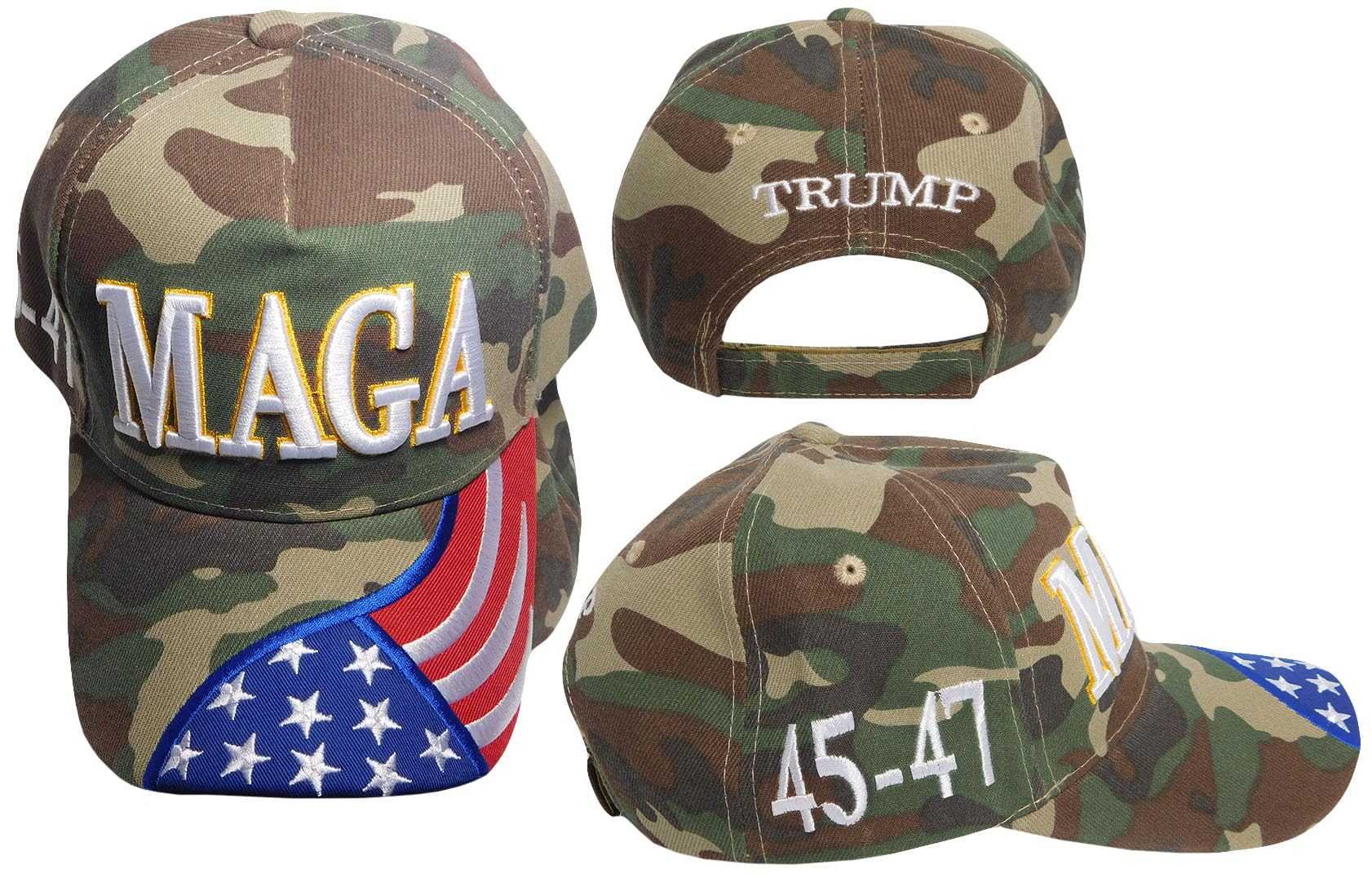 Trade Winds Trump MAGA 45-47 USA Flag On Bill Woodland Camo Embroidered ...