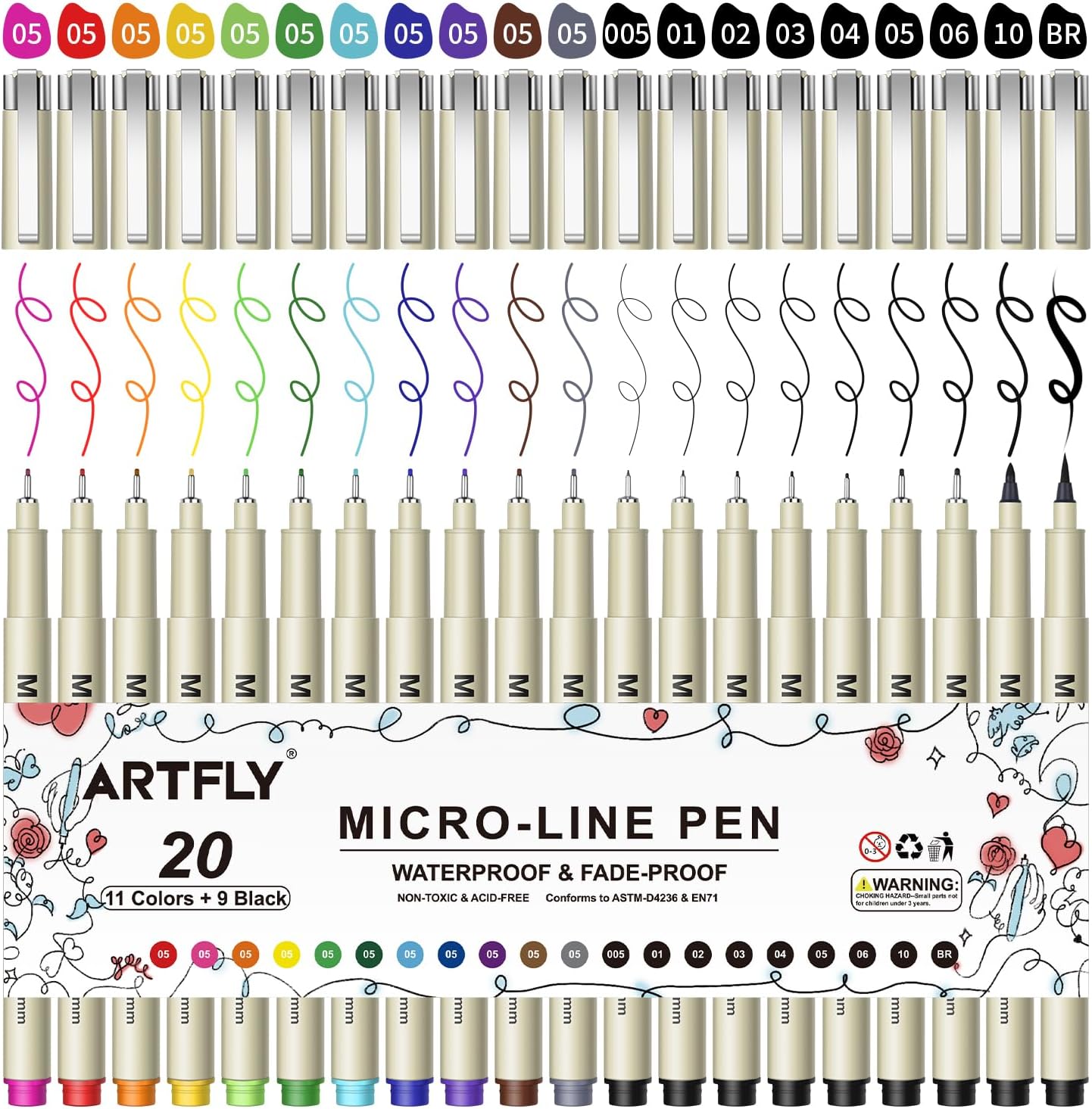 ARTFLY Micro Fineliner Pens, 20 Pack with 11 Colors in 0.45mm & 9 ...