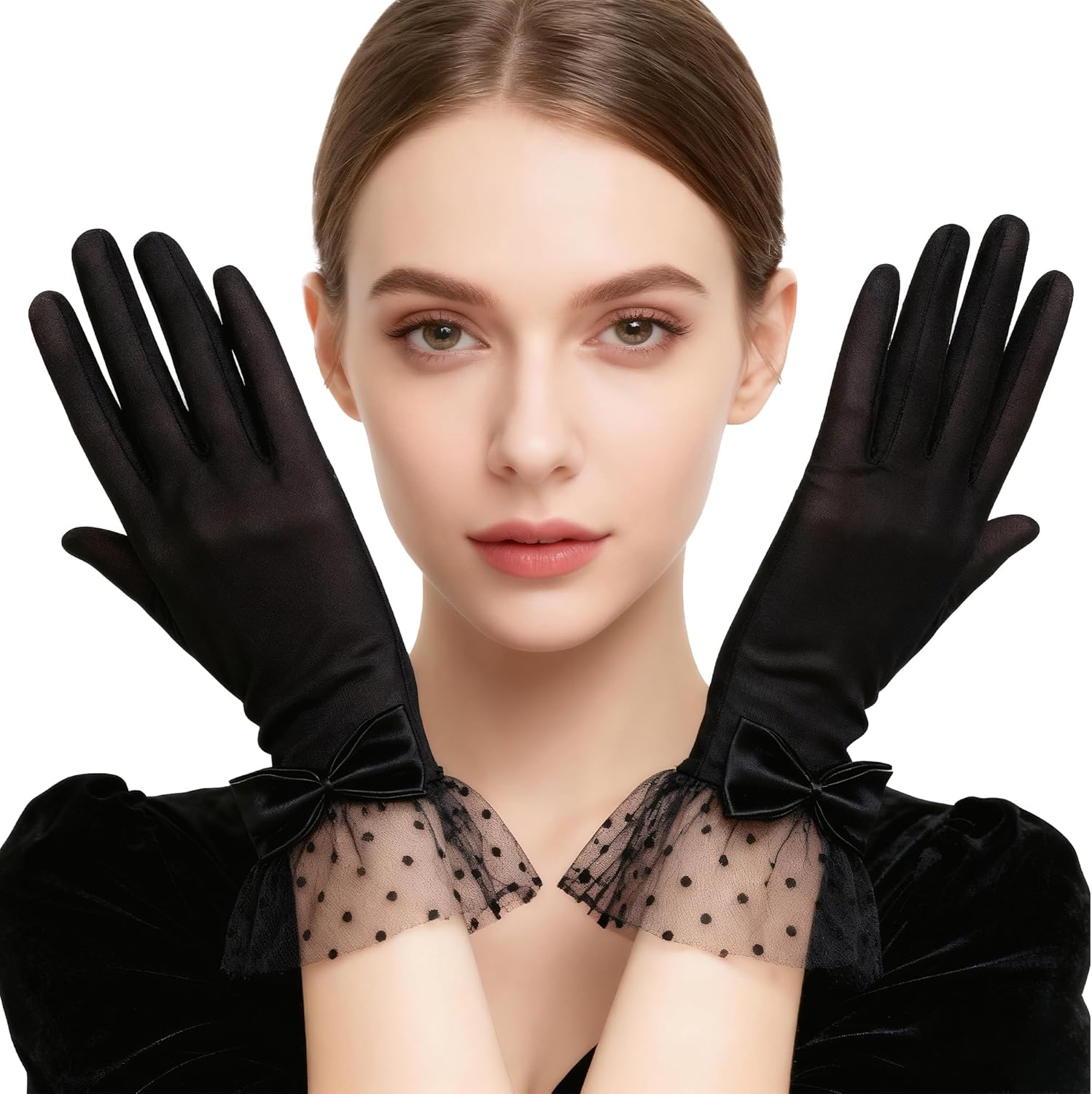AOREAS Women Lace Gloves Wedding Tea Party Gloves Black Bow Short ...